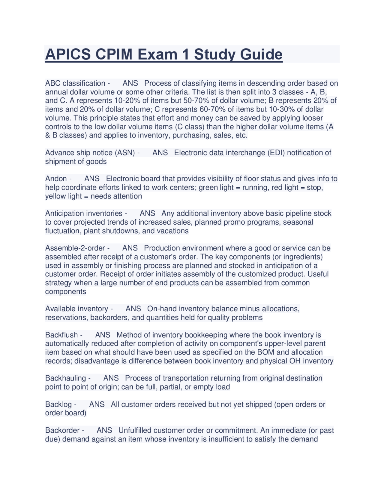 APICS CPIM Exam 1 Study Guide (1).pdf | Exams Nursing | Docsity