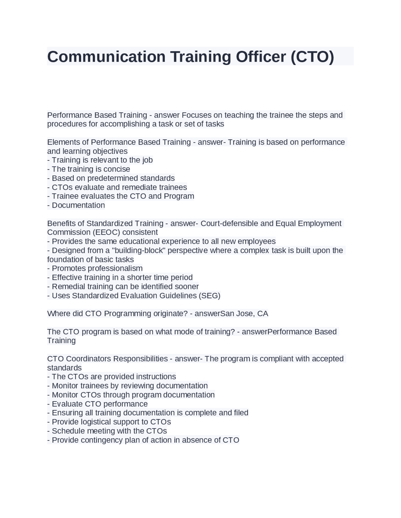 Communication Training Officer (CTO) Questions and Answers 100% Solved ...