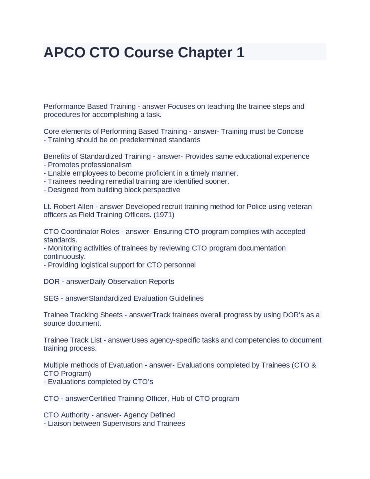 APCO CTO Course Chapter 1 Questions and Answers 100% Accurate | Exams ...