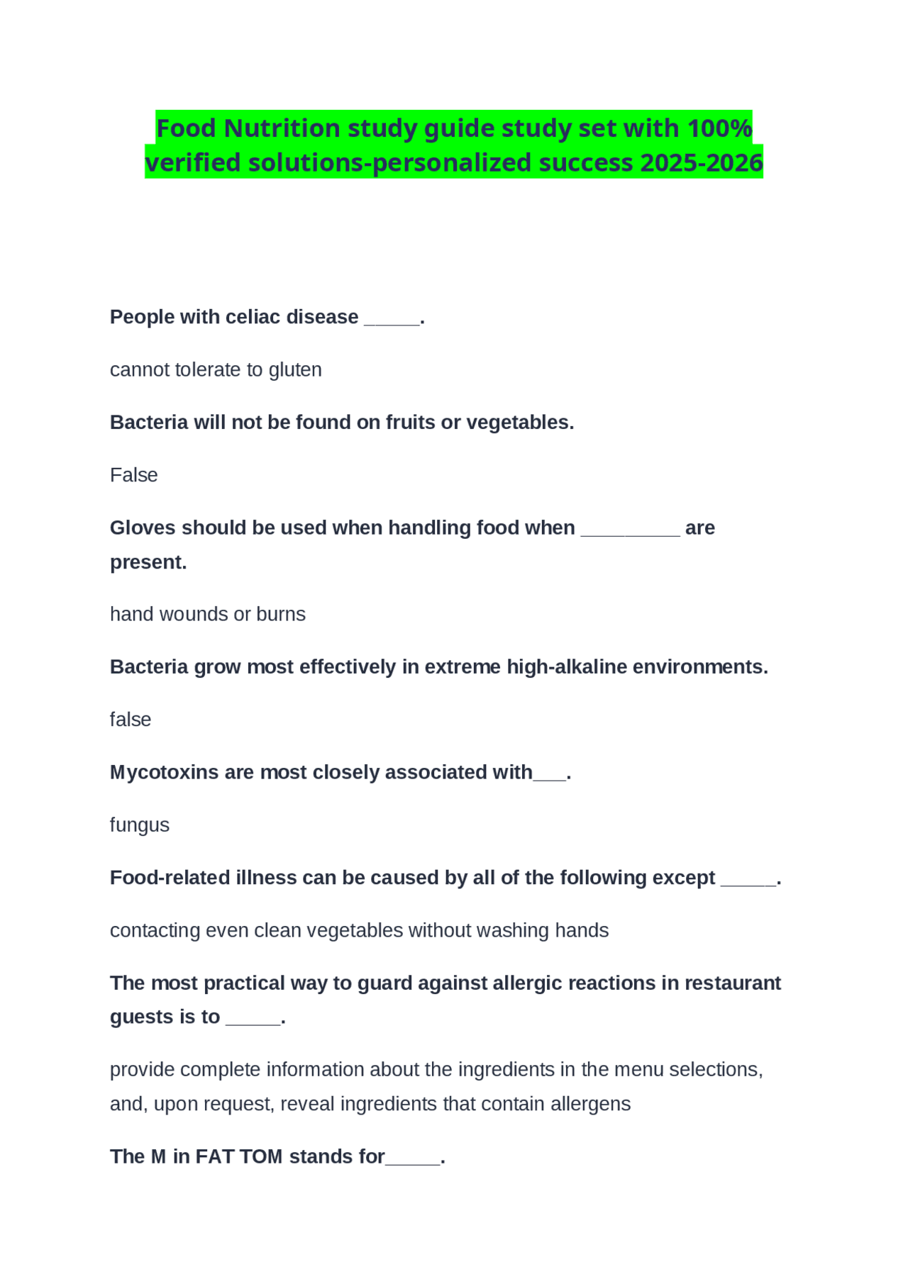 Food Nutrition study guide study set with 100% verified solutions ...