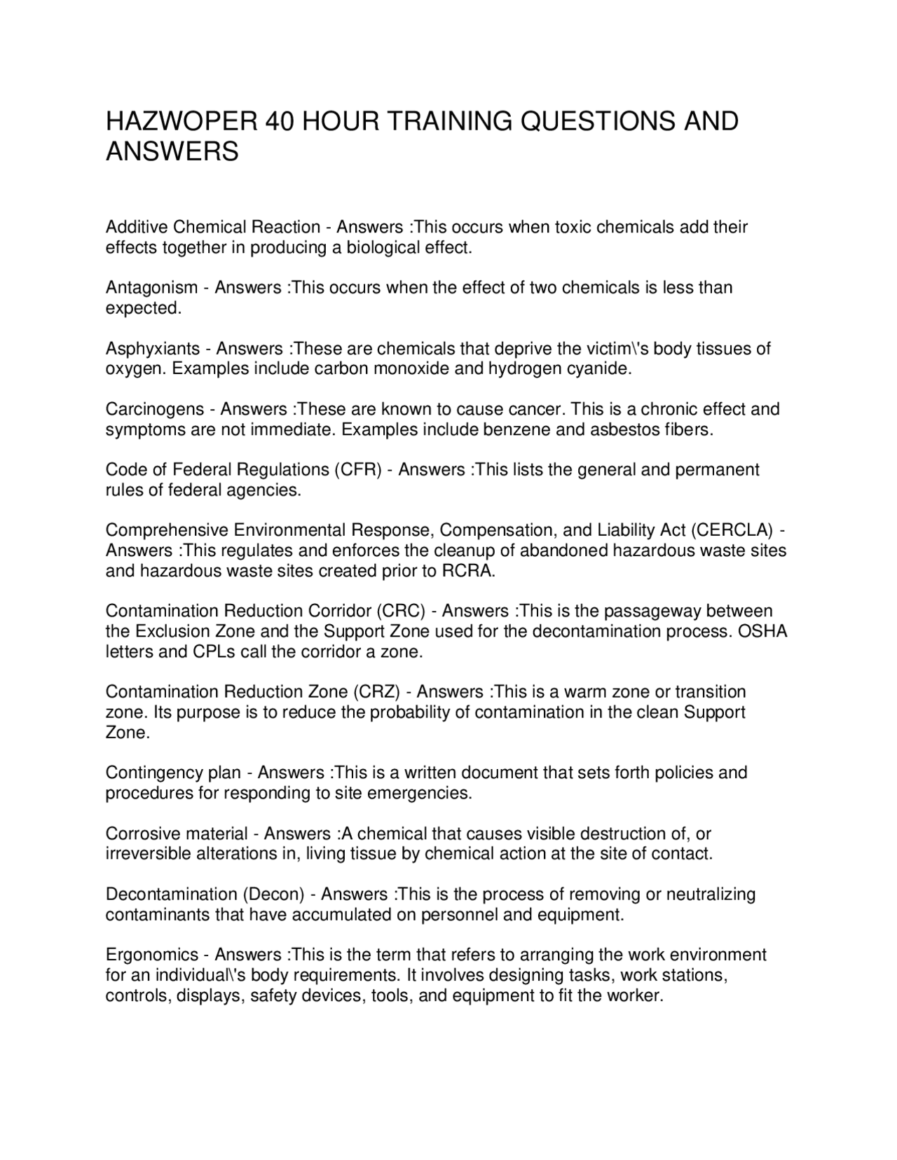 HAZWOPER 40 HOUR TRAINING QUESTIONS AND ANSWERS | Exams Social Sciences ...