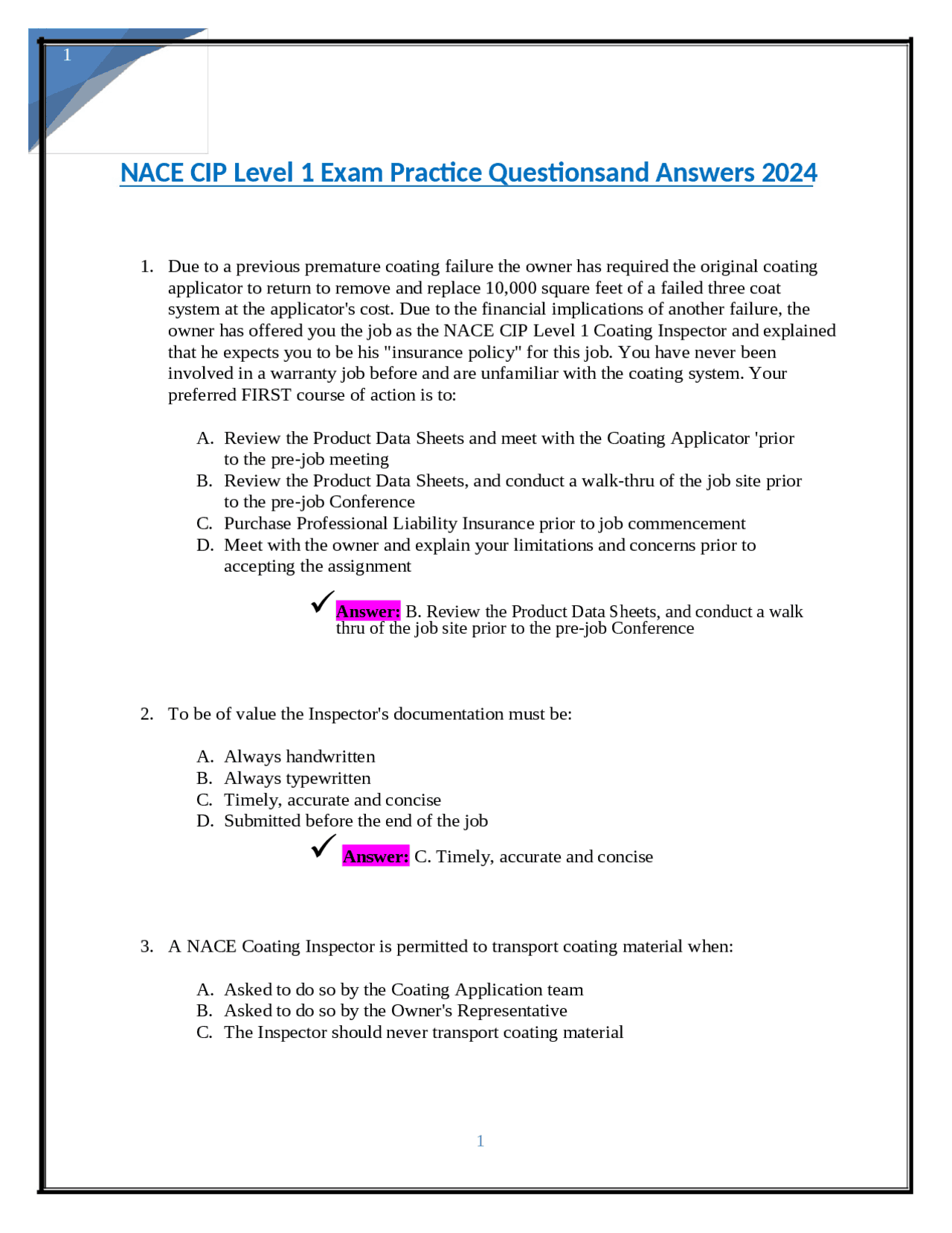 NACE CIP Level 1 Exam Practice Questions and Answers | Exams Nursing | Docsity