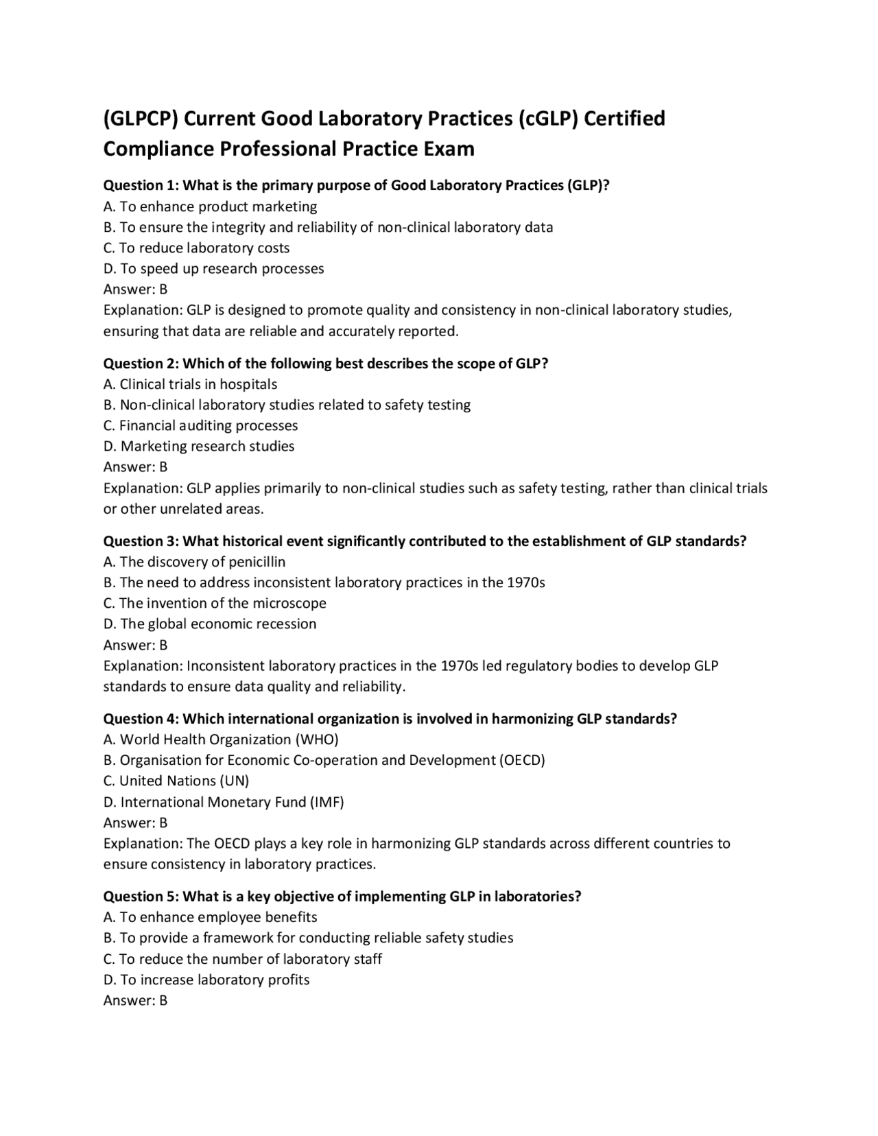 (GLPCP) Current Good Laboratory Practices (cGLP) Certified Compliance Professional Exam | Exams ...