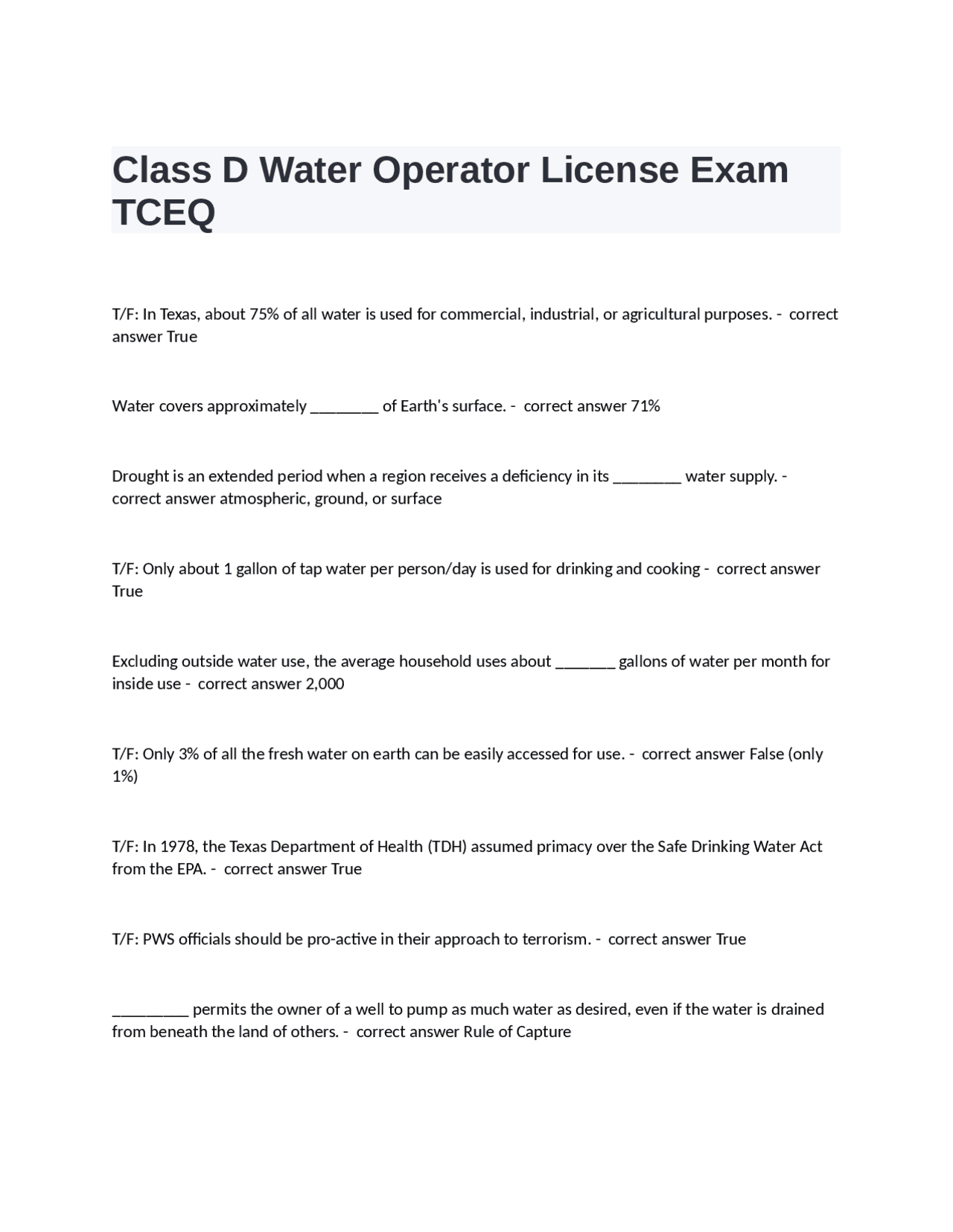 Class D Water Operator License Exam: TCEQ Practice Questions and ...