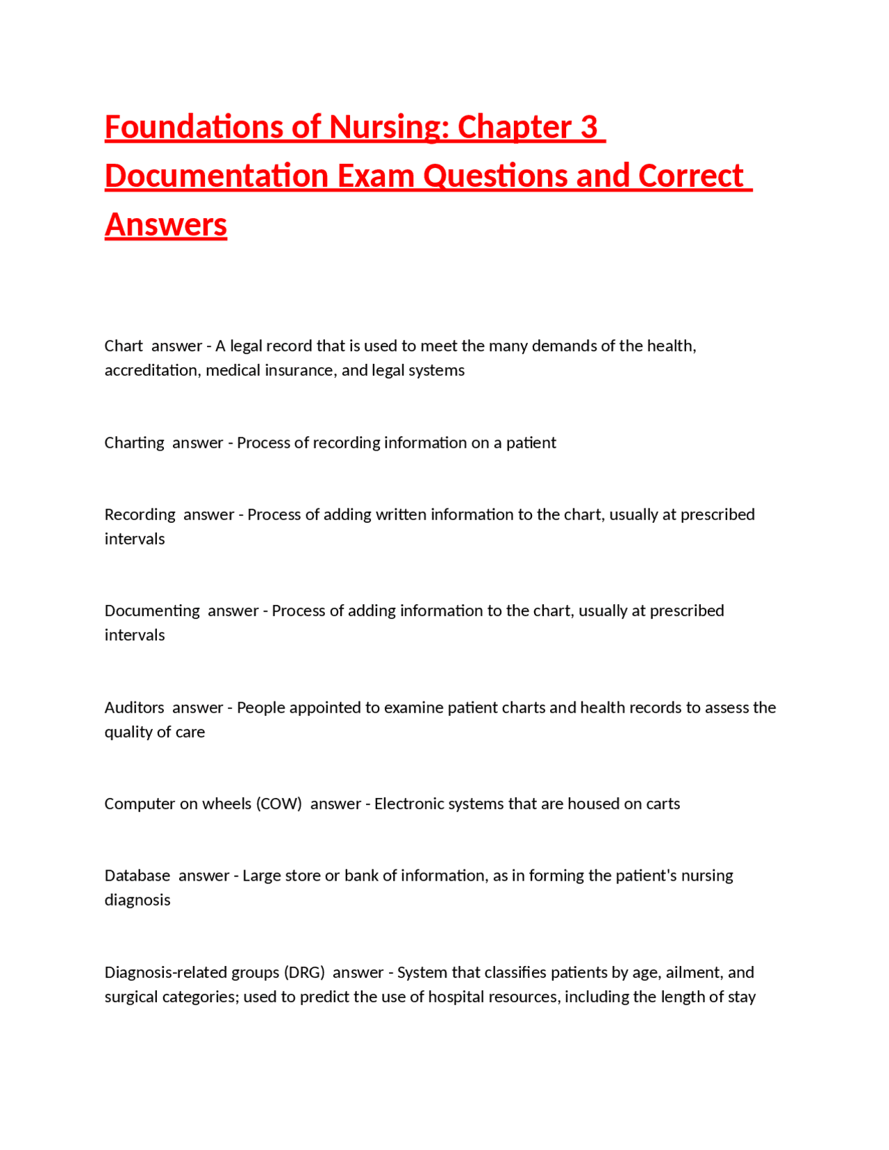 Foundations of Nursing: Chapter 3 Documentation Exam Questions and Correct Answers | Exams ...