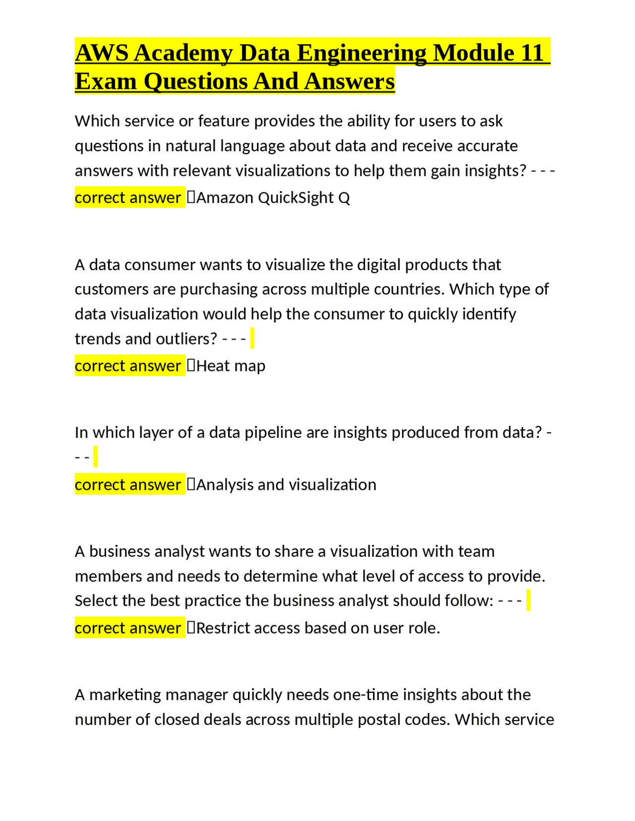 AWS Academy Data Engineering Module 11 Exam Questions And Answers | Exams Database Programming ...