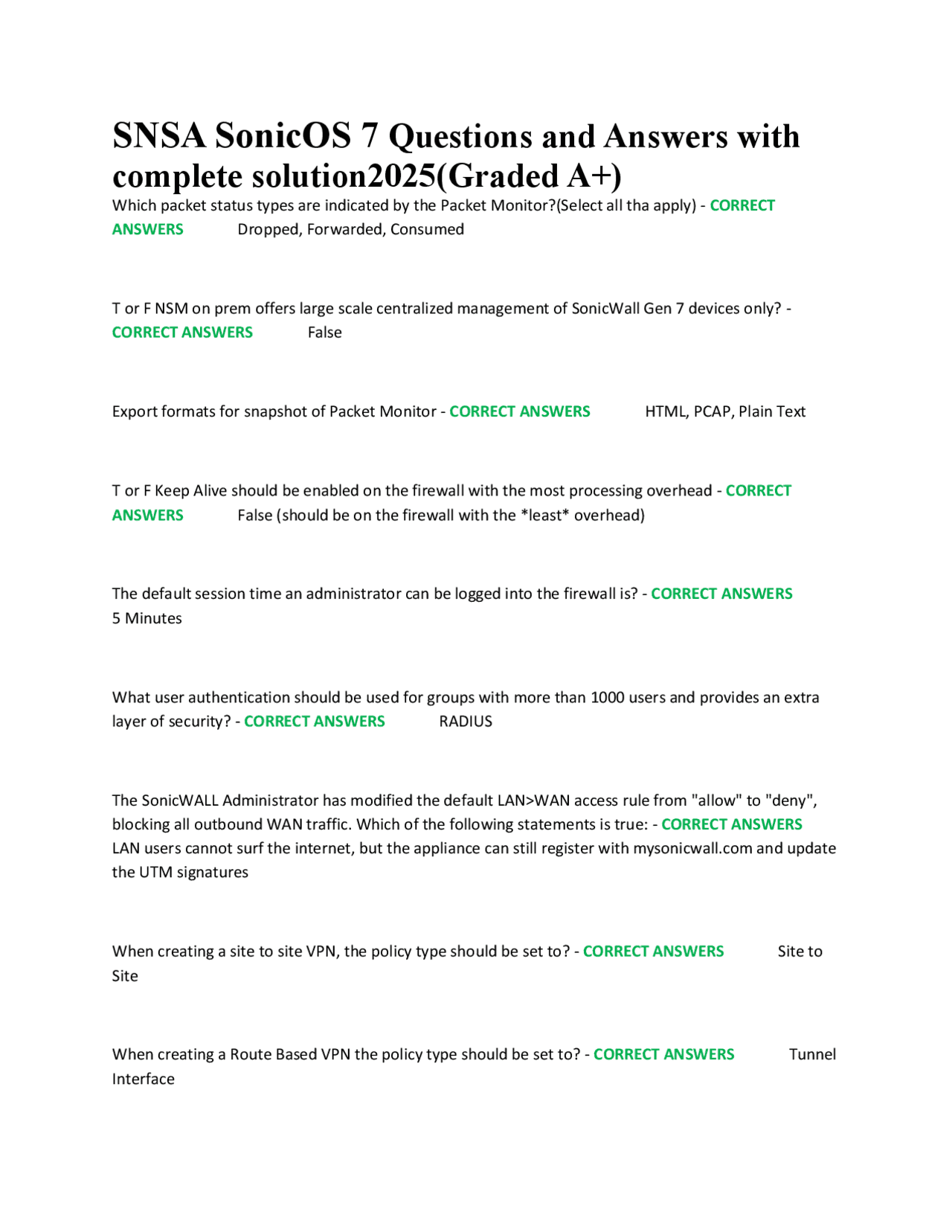 SNSA SonicOS 7 Questions and Answers with complete solution2025(Graded ...