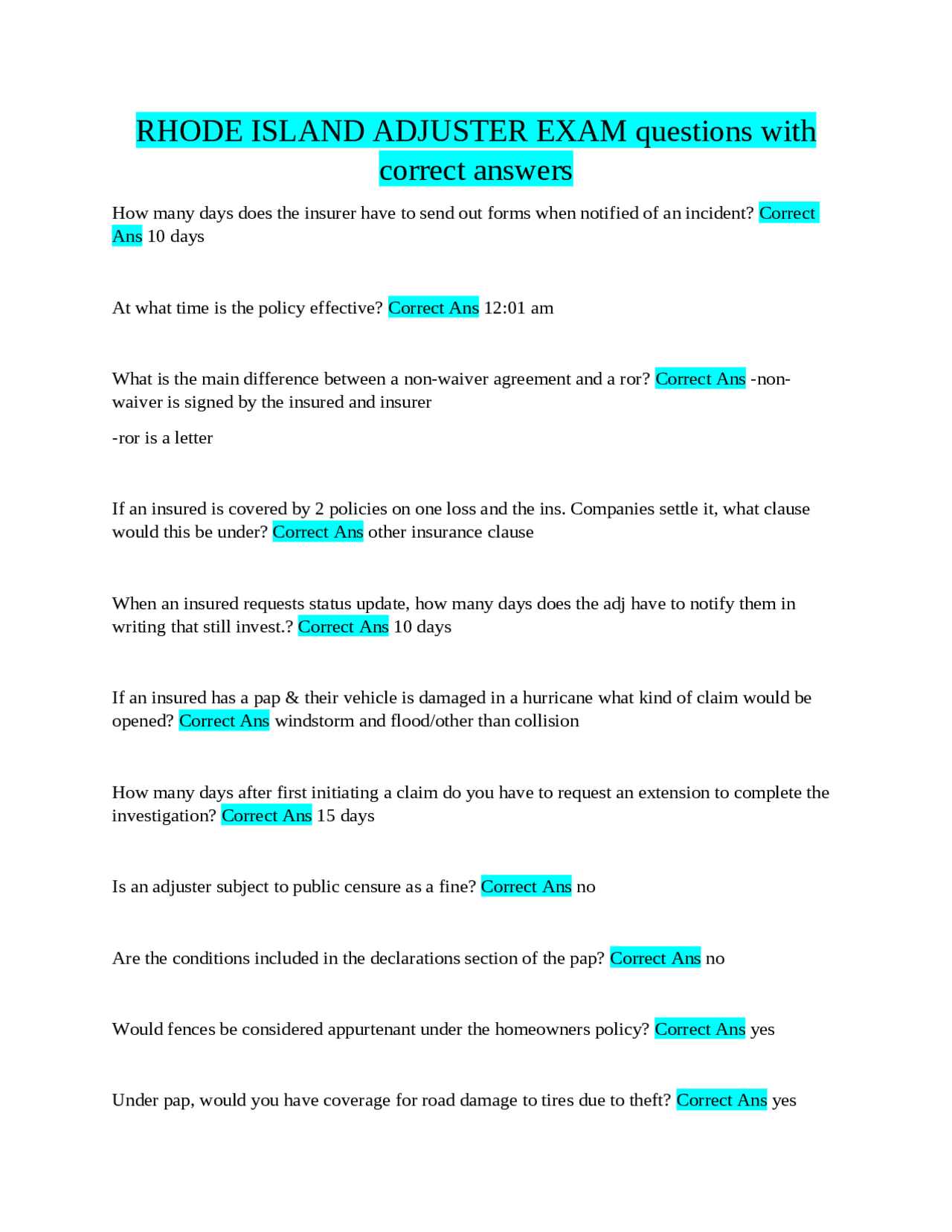 RHODE ISLAND ADJUSTER EXAM questions with correct answers | Exams ...
