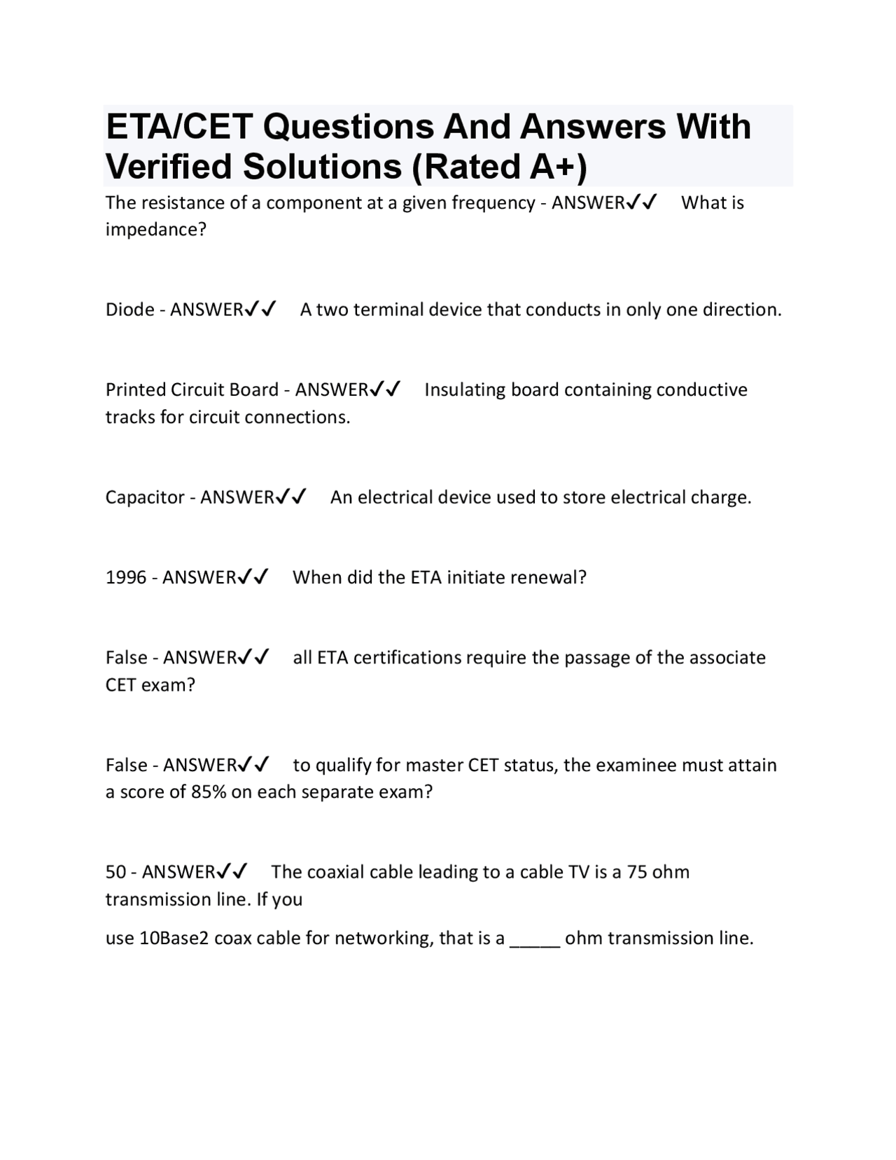 ETA/CET Questions And Answers With Verified Solutions (Rated A+ ...