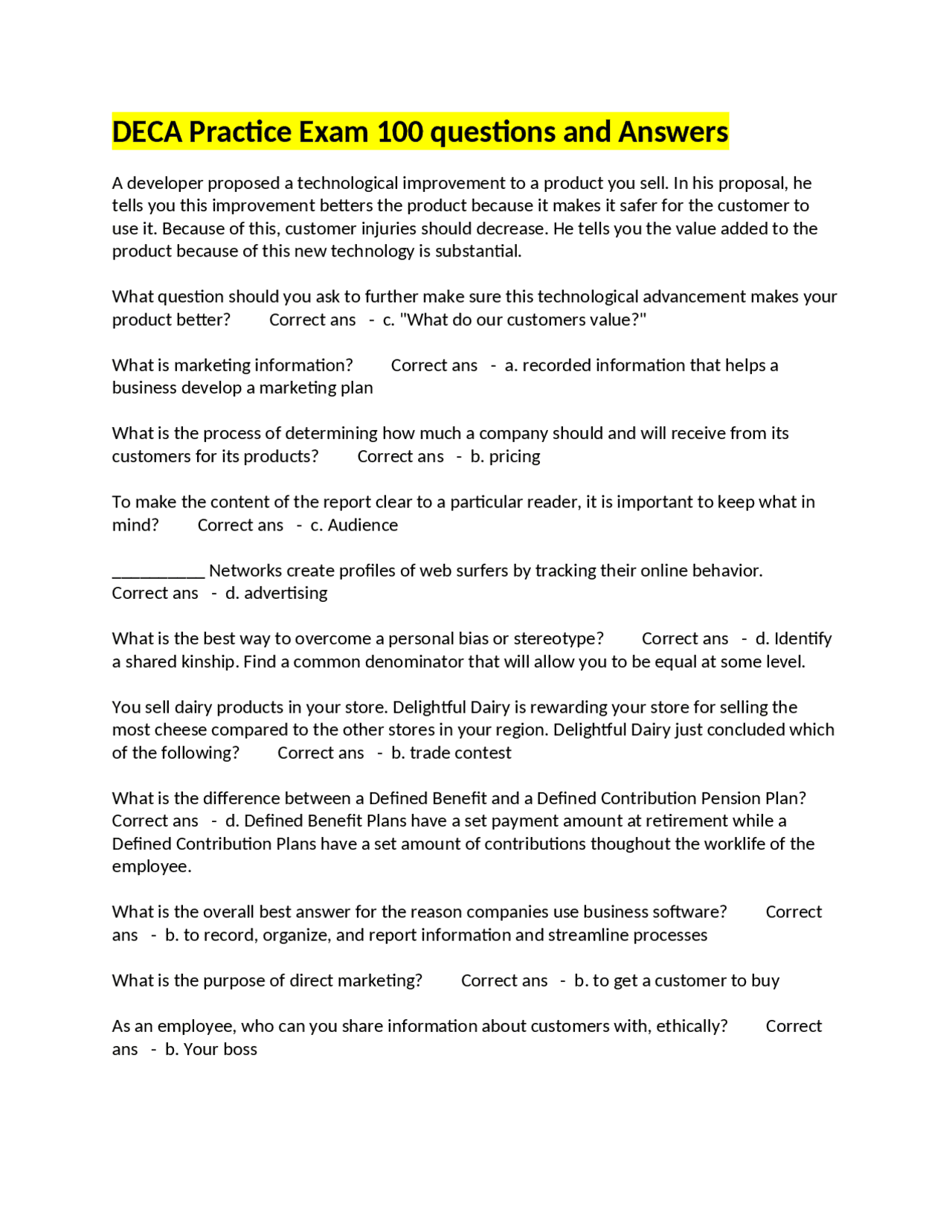 DECA Practice Exam 100 questions and Answers | Exams Nursing | Docsity