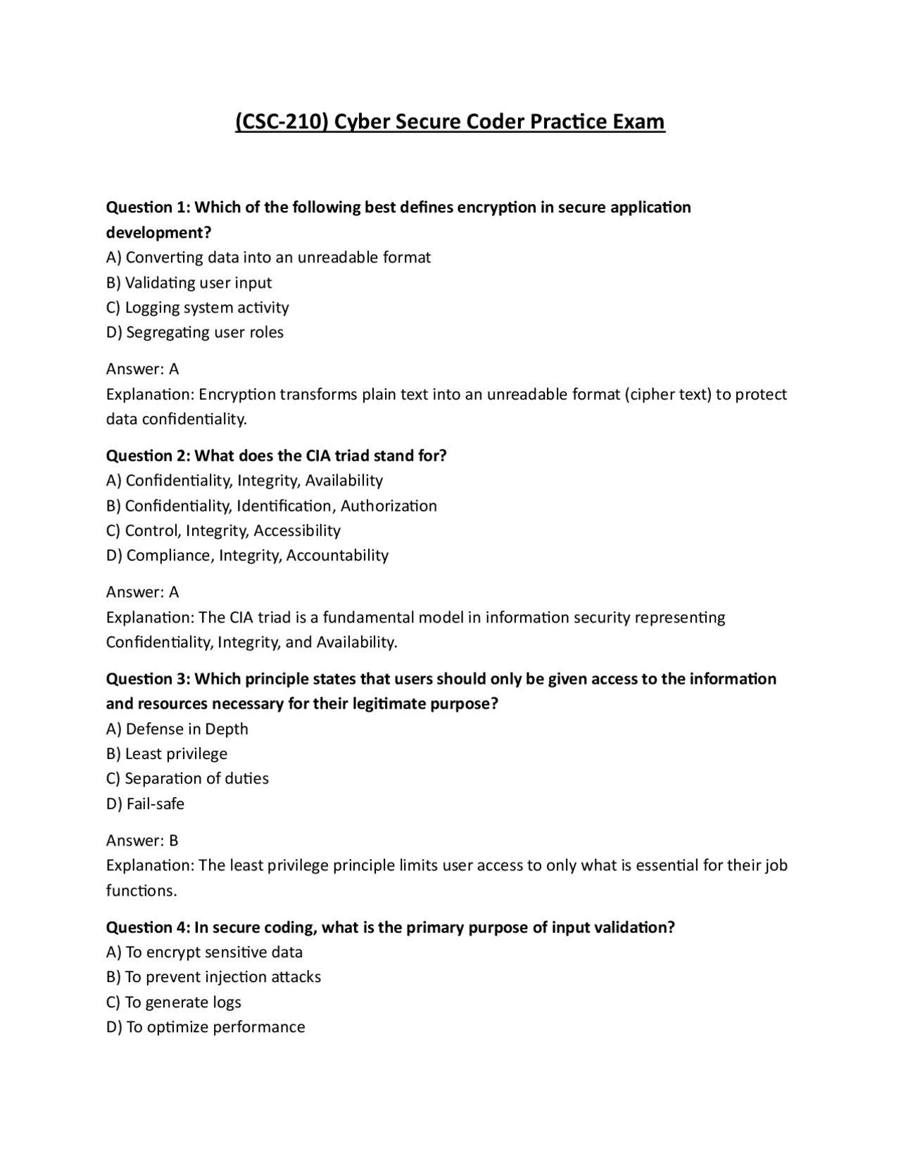 (CSC-210) Cyber Secure Coder Exam | Exams Technology | Docsity