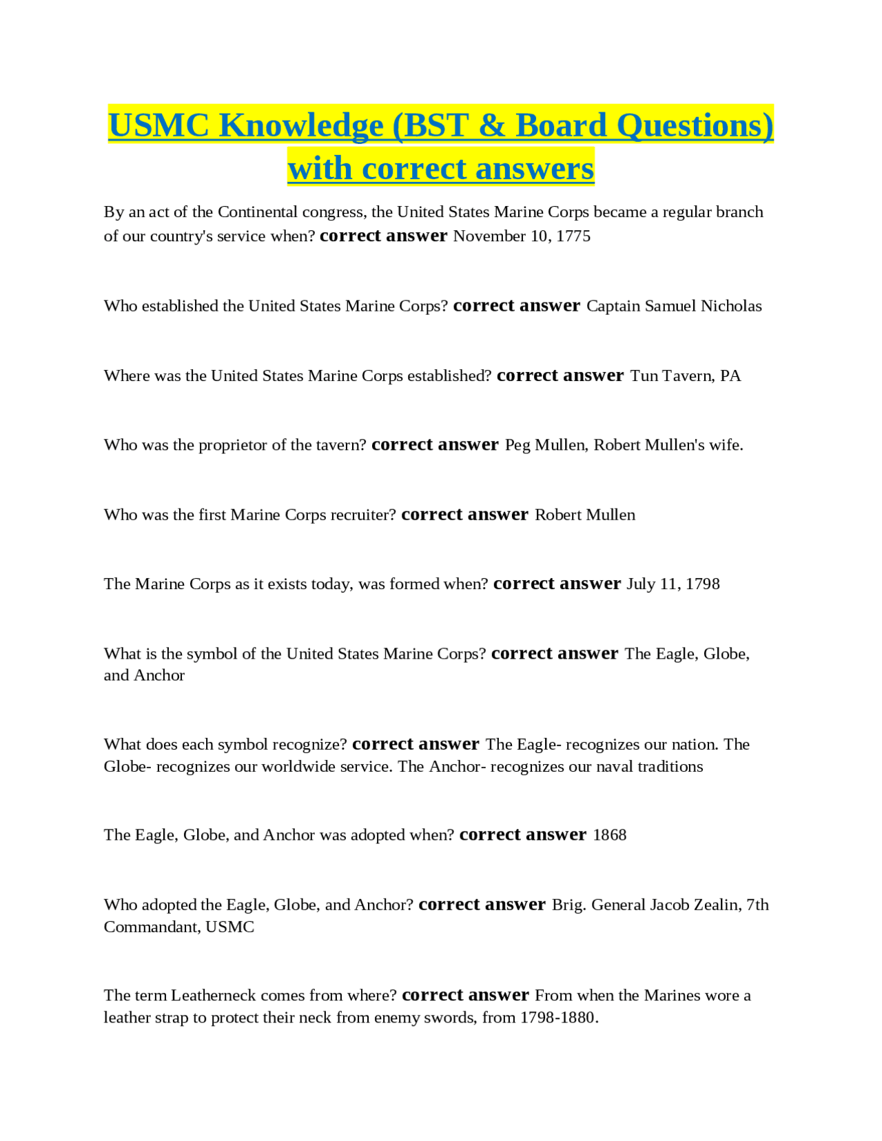 USMC Knowledge: History, Traditions, and Key Events | Exams Law | Docsity