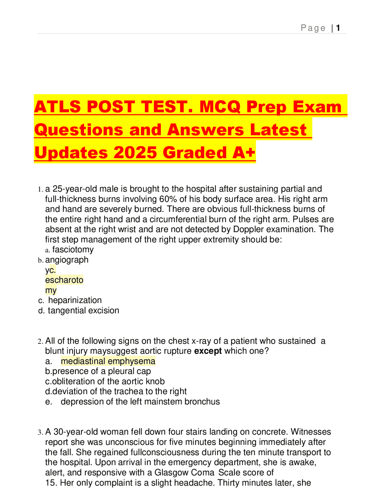 ATLS POST TEST. MCQ Prep Exam Questions and Answers Latest Updates 2025 ...