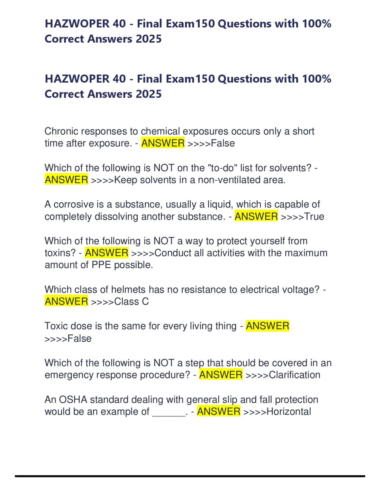HAZWOPER 40 - Final Exam150 Questions with 100% Correct Answers 2025 ...