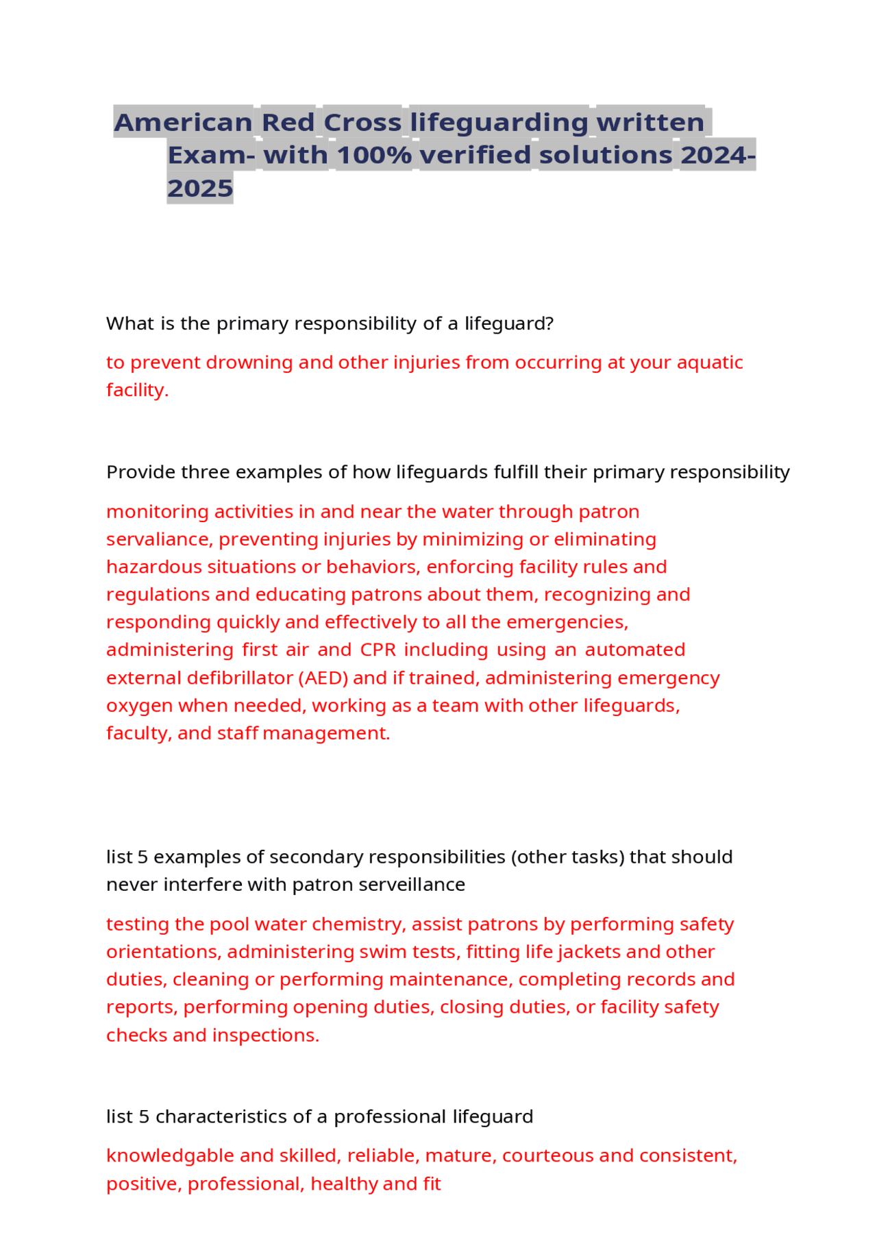 American Red Cross lifeguarding written Exam- with 100% verified ...