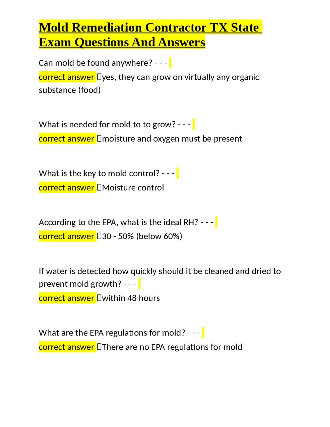 Mold Remediation Contractor TX State Exam Questions And Answers | Exams ...