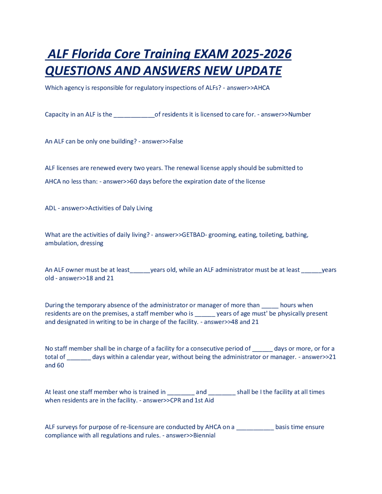 ALF Florida Core Training EXAM 2025-2026 QUESTIONS AND ANSWERS NEW ...