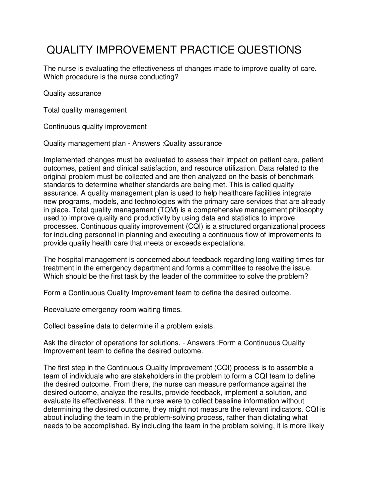 Quality Improvement Practice Questions: A Guide for Nurses | Exams ...
