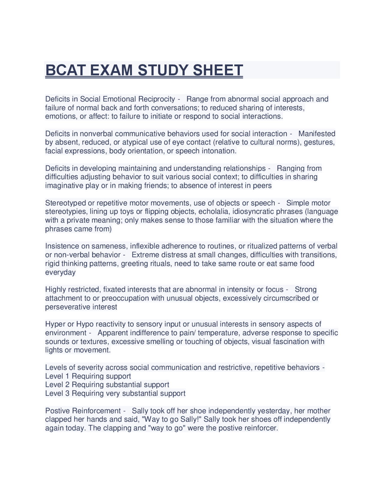 BCAT EXAM STUDY SHEET (1).pdf | Exams Nursing | Docsity