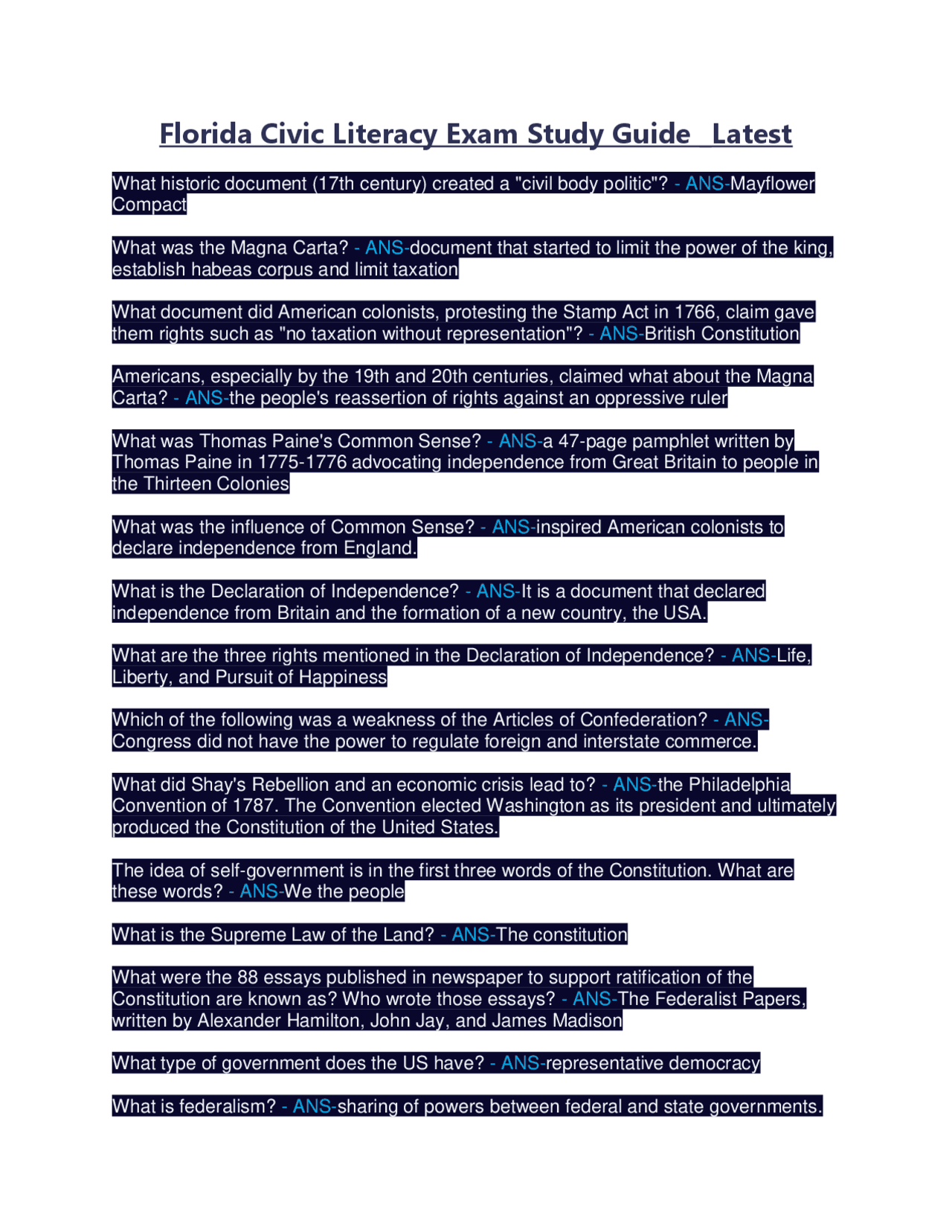 Florida Civic Literacy Exam Study Guide: Key Documents and Concepts ...