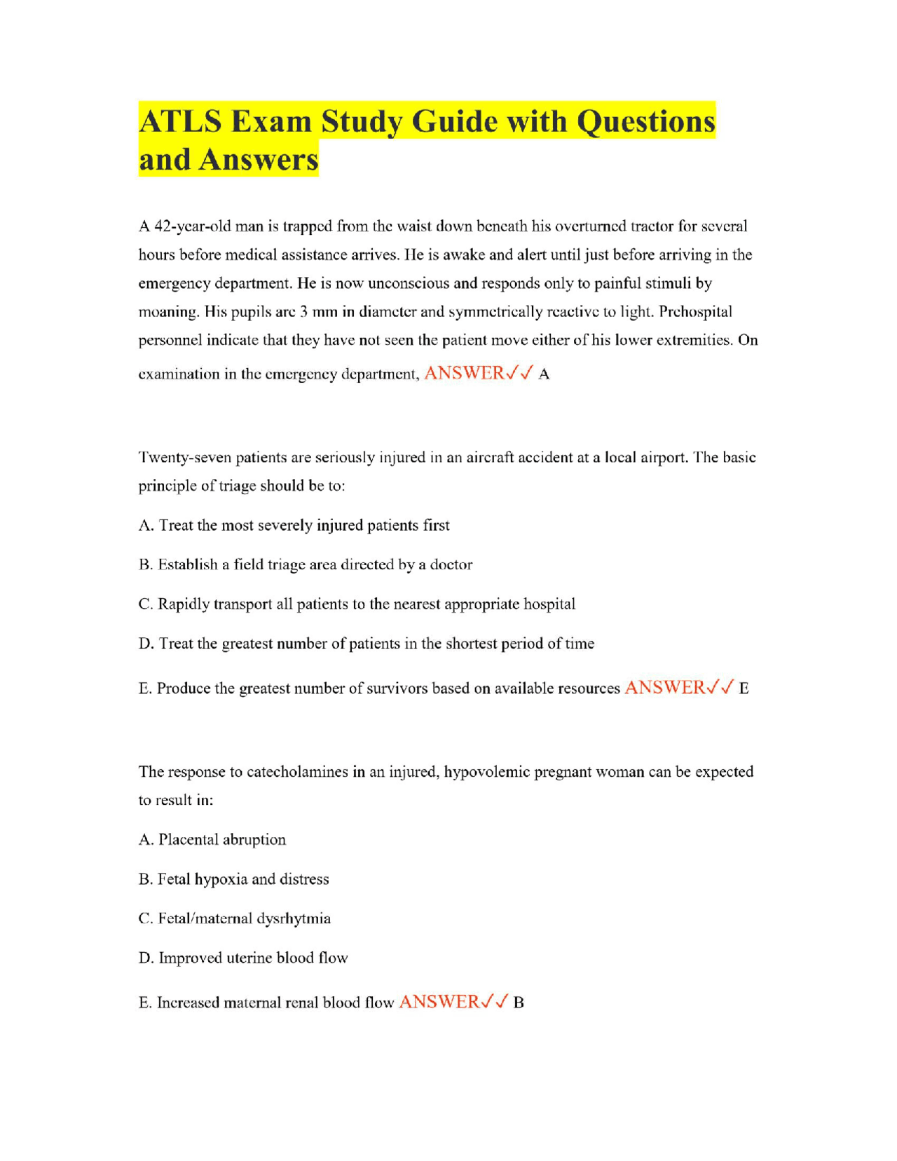 ATLS Exam Study Guide with Questions and Answers | Exams Medicine | Docsity