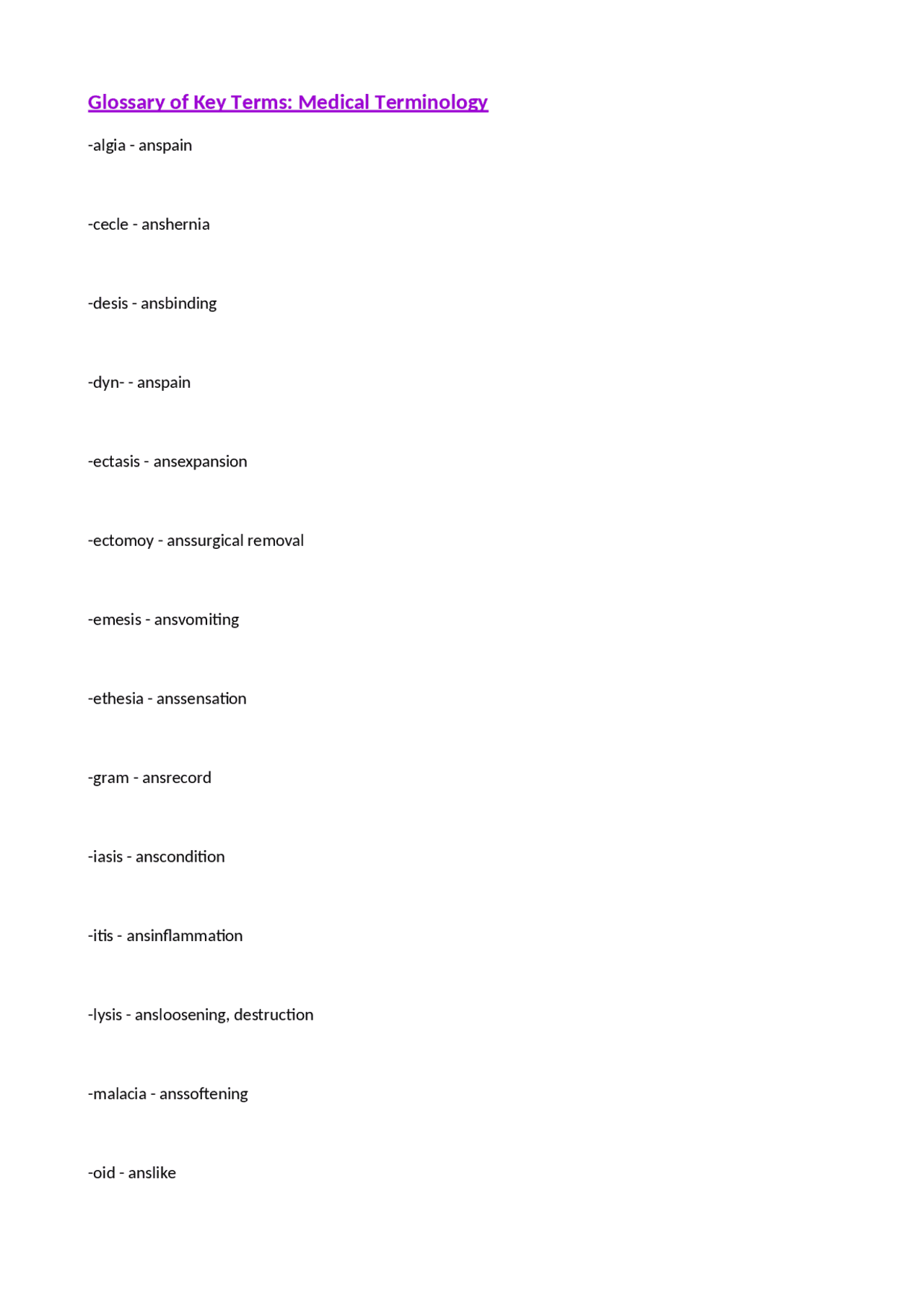 Glossary of Key Terms Medical Terminology | Exercises Nursing | Docsity