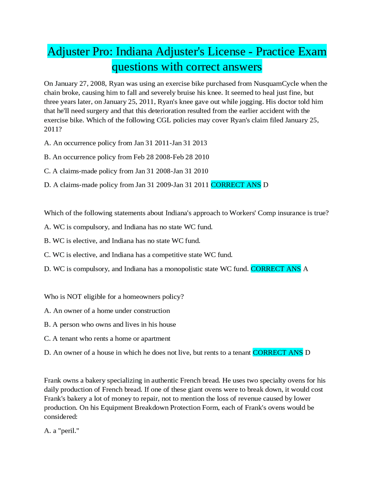 Indiana Adjuster's License Practice Exam: Questions and Answers | Exams ...