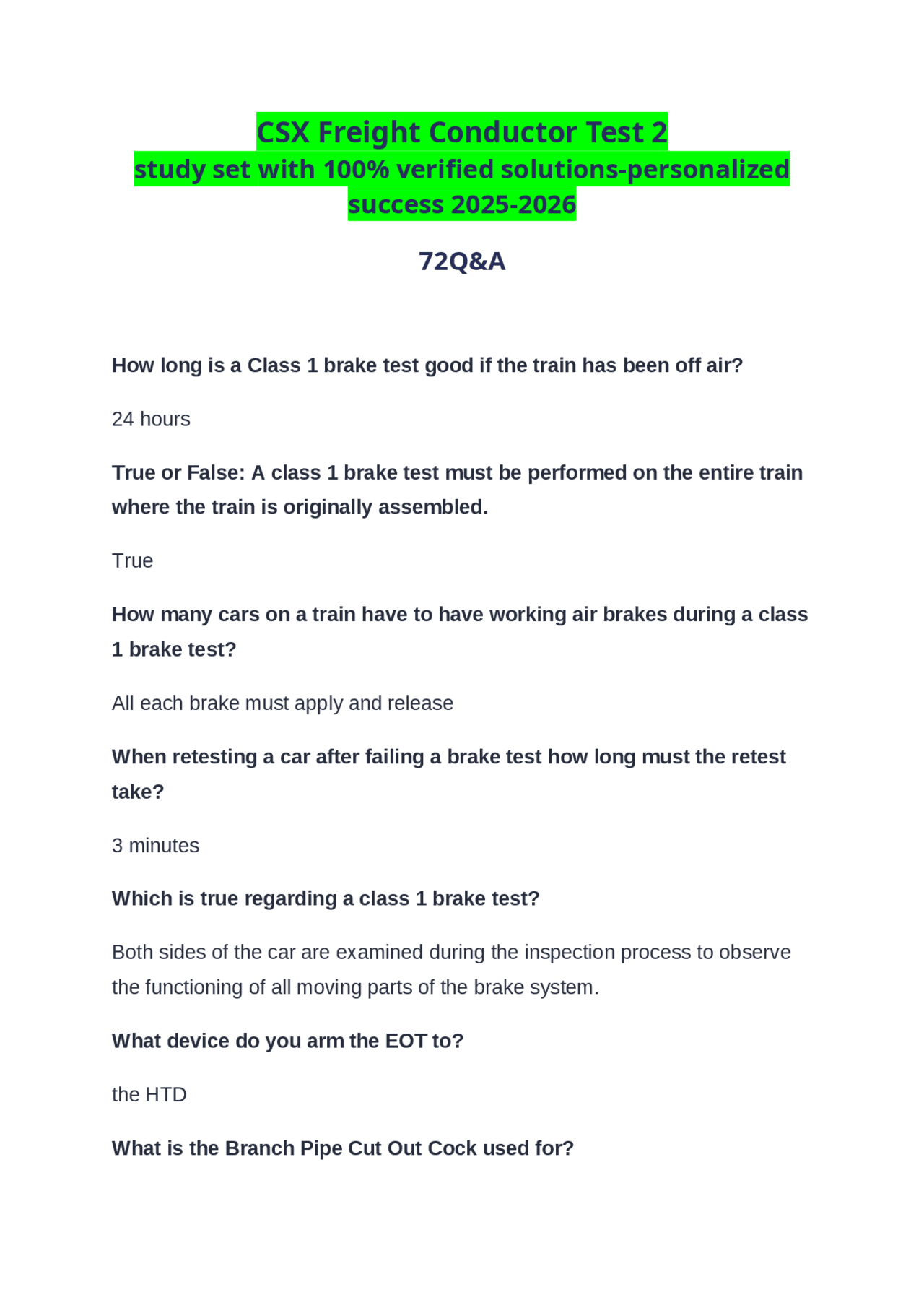 CSX Freight Conductor Test 2 study set with 100% verified solutions ...