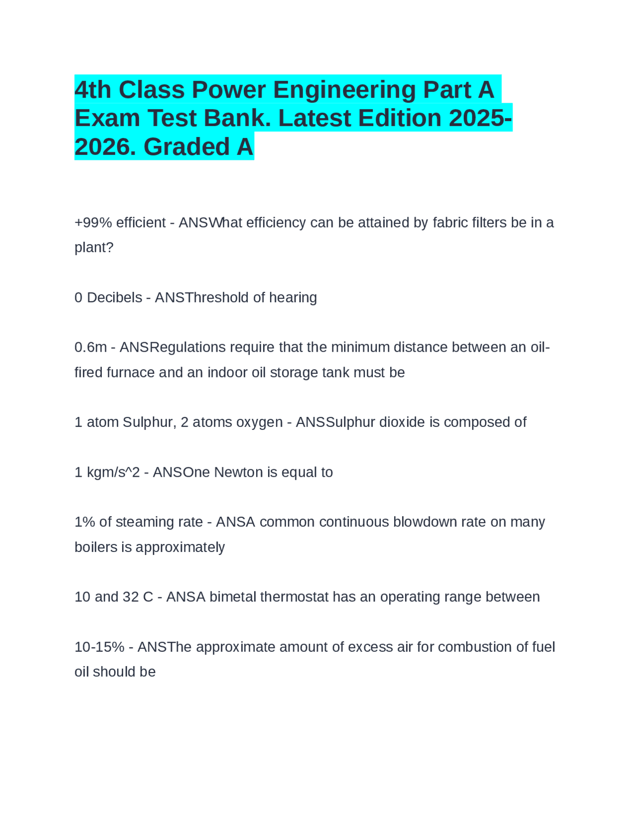 4th Class Power Engineering Part A Exam Test Bank. Latest Edition 2025 ...