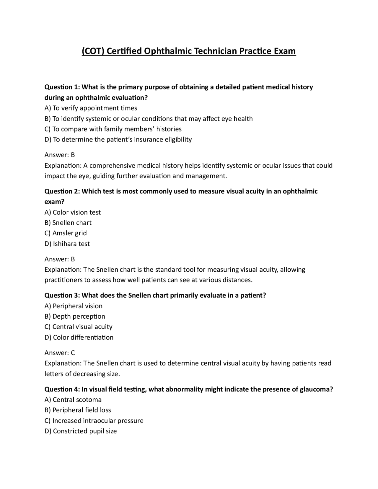 (COT) Certified Ophthalmic Technician Exam | Exams Technology | Docsity