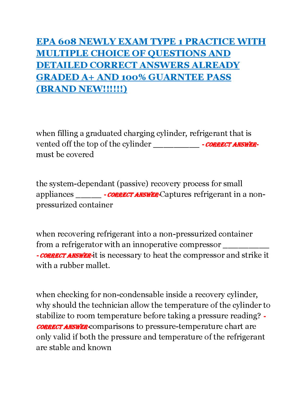 EPA 608 NEWLY EXAM TYPE 1 PRACTICE WITH MULTIPLE CHOICE OF QUESTIONS ...