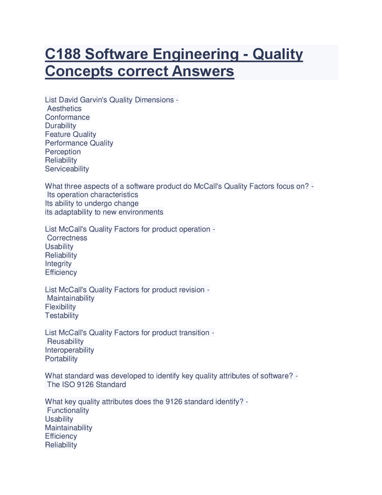C188 Software Engineering Quality Concepts correct Answers (1).pdf ...