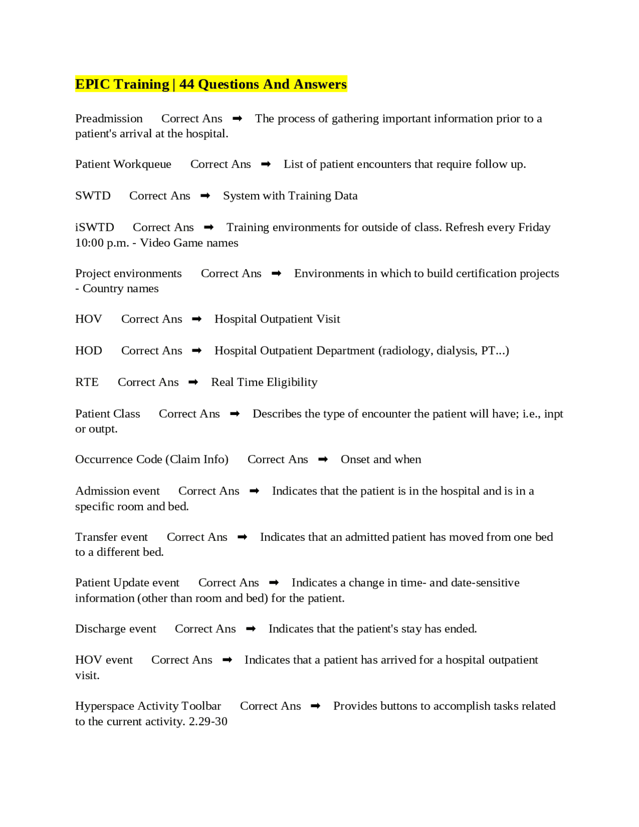 EPIC Training: 44 Questions and Answers | Exams Nursing | Docsity