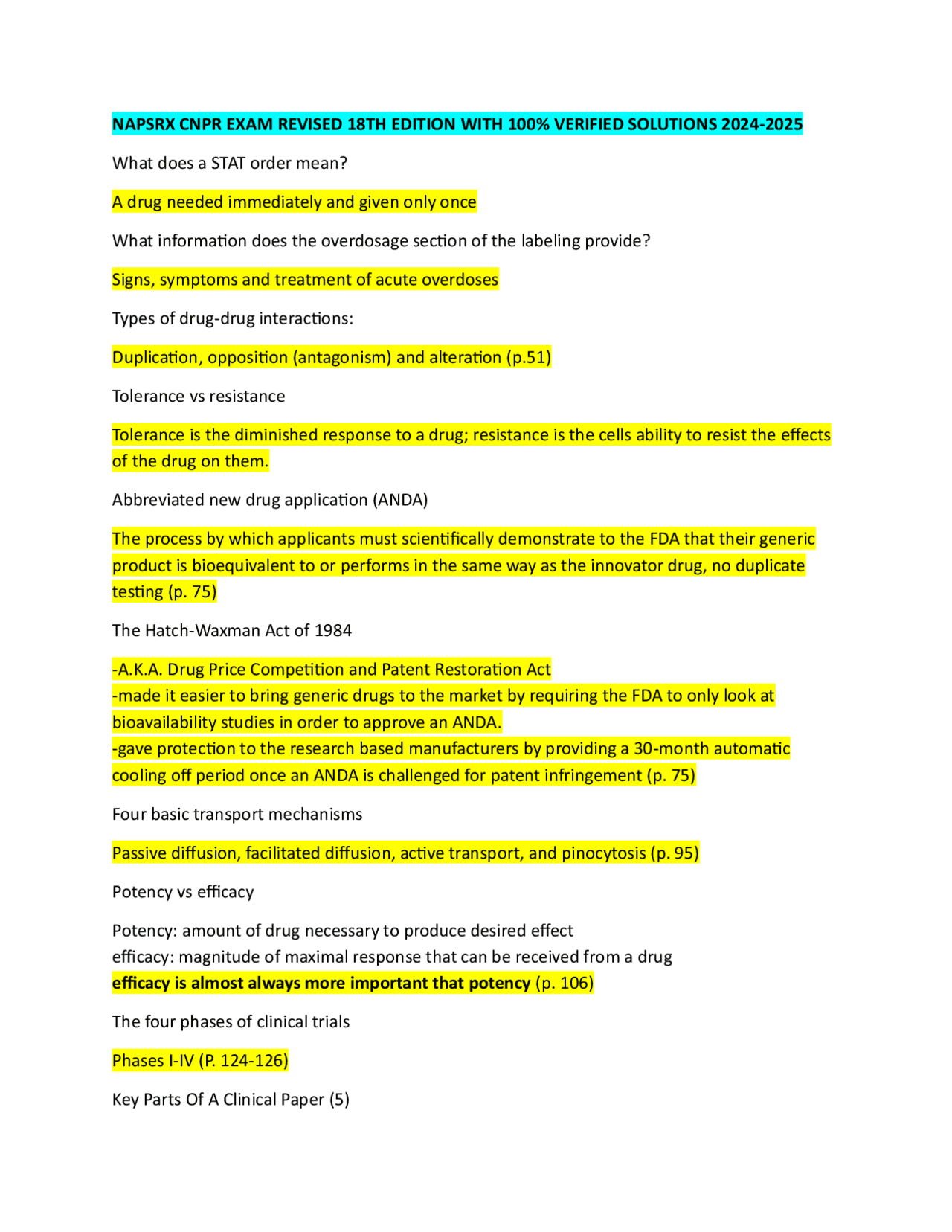 NAPSRX CNPR EXAM REVISED 18TH EDITION WITH 100% VERIFIED SOLUTIONS 2024 ...