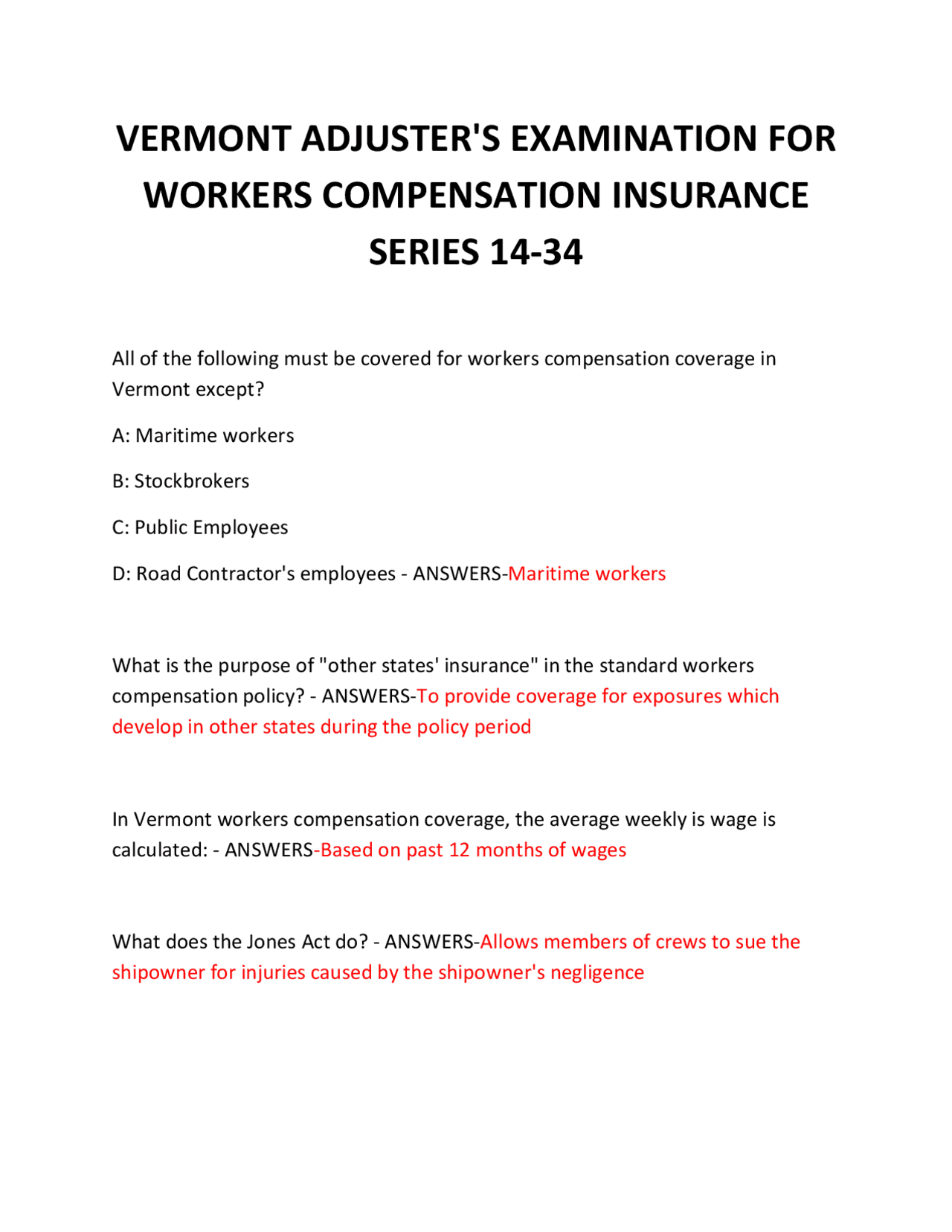 Vermont Workers' Comp Adjuster Exam: Practice Questions & Answers ...