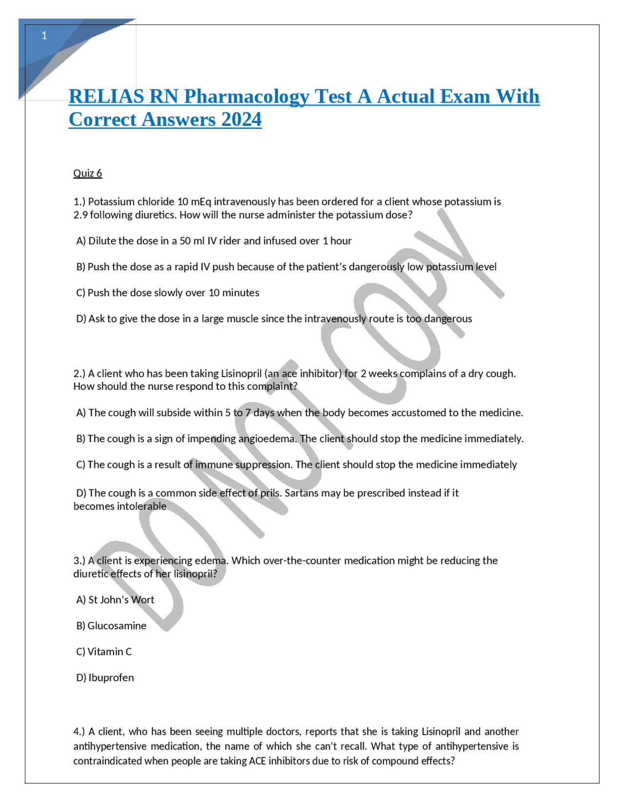 RELIAS RN Pharmacology Test A Actual Exam Questions with Correct ...