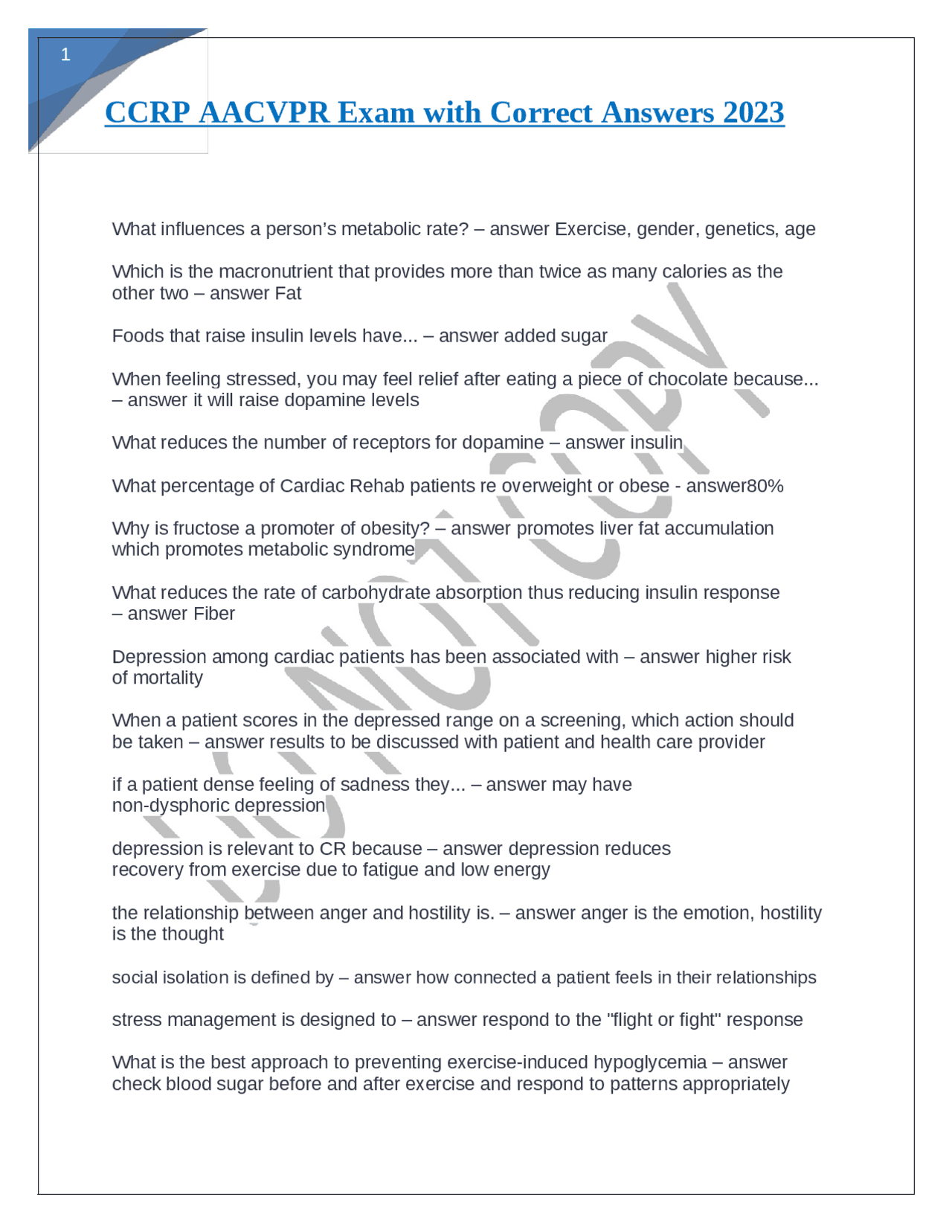 CCRP AACVPR Exam Guide: Cardiac Rehab 2023 | Exams Nursing | Docsity