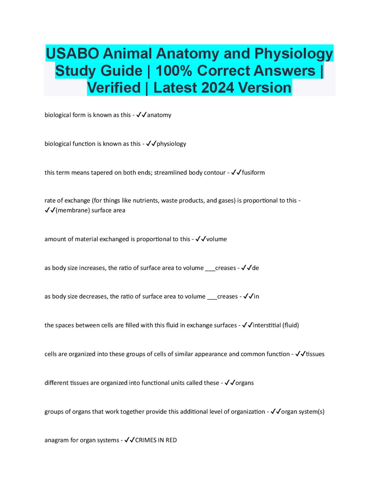 USABO Animal Anatomy and Physiology Study Guide | 100% Correct Answers ...