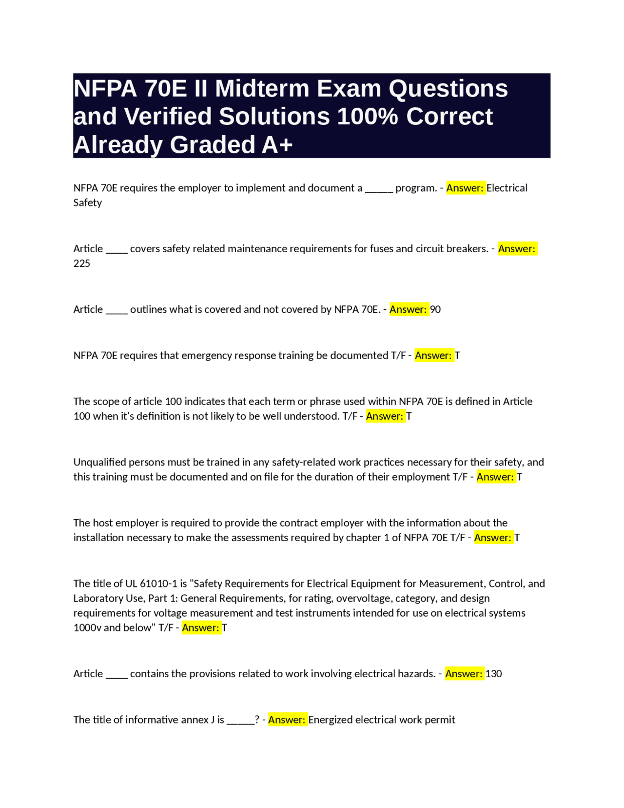 NFPA 70E II Midterm Exam Questions and Verified Solutions 100% Correct ...