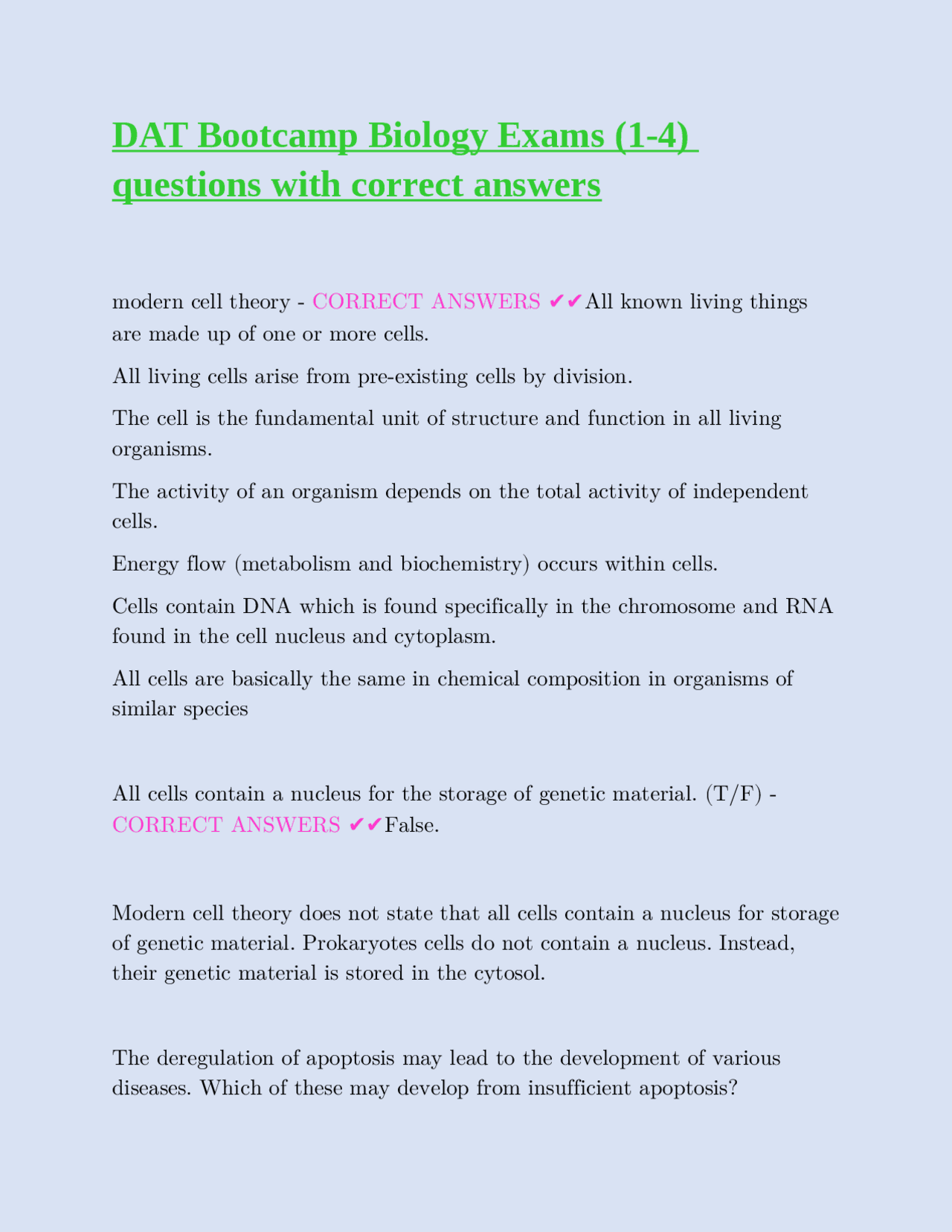 DAT Bootcamp Biology Exams (1-4) questions with correct answers | Exams ...