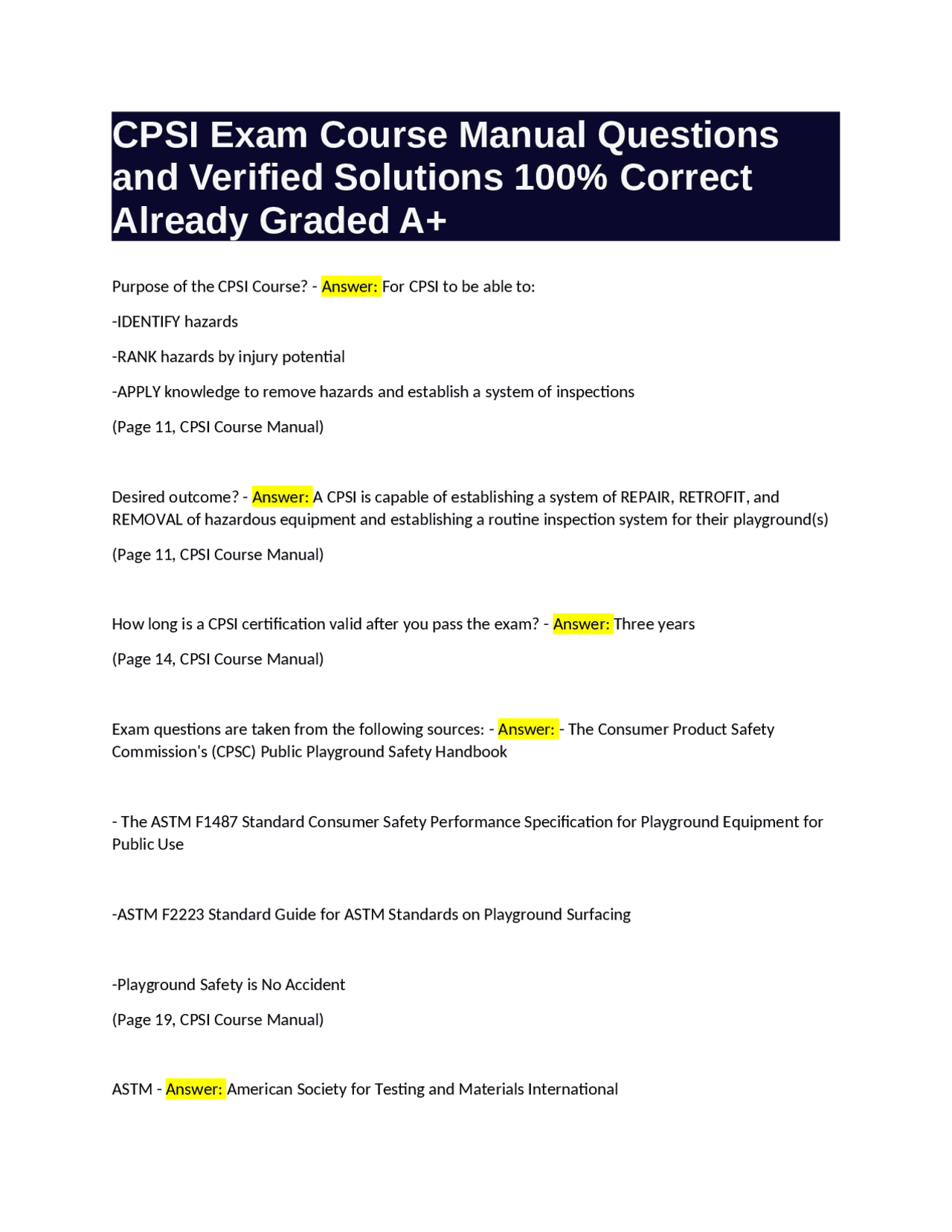 CPSI Exam Course Manual Questions and Verified Solutions 100% Correct ...