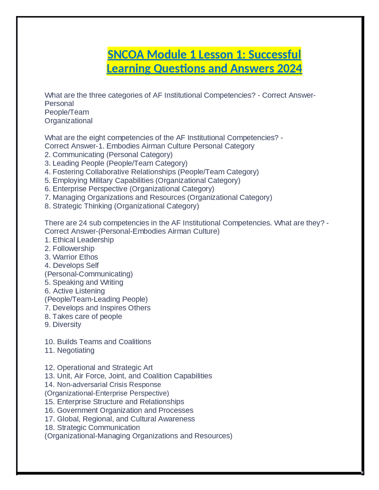 SNCOA Module 1 Lesson 1 Successful Learning Questions and Answers 2024 ...