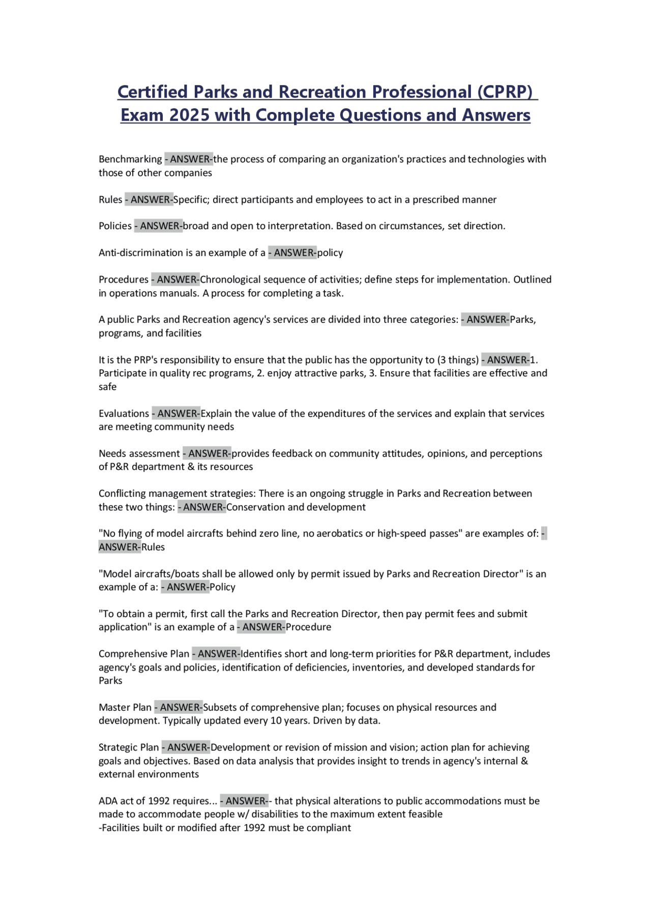 Certified Parks and Recreation Professional (CPRP) Exam 2025 with ...