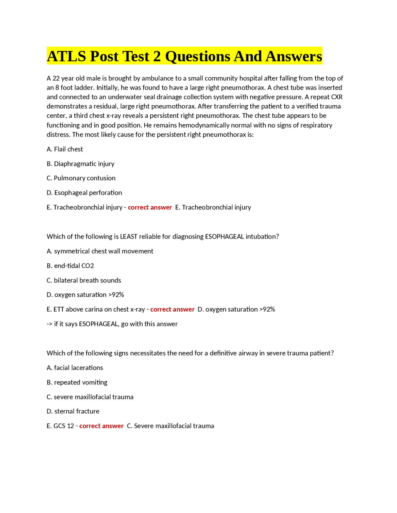 ATLS Post Test 2 Questions And Answers | Exams Health sciences | Docsity