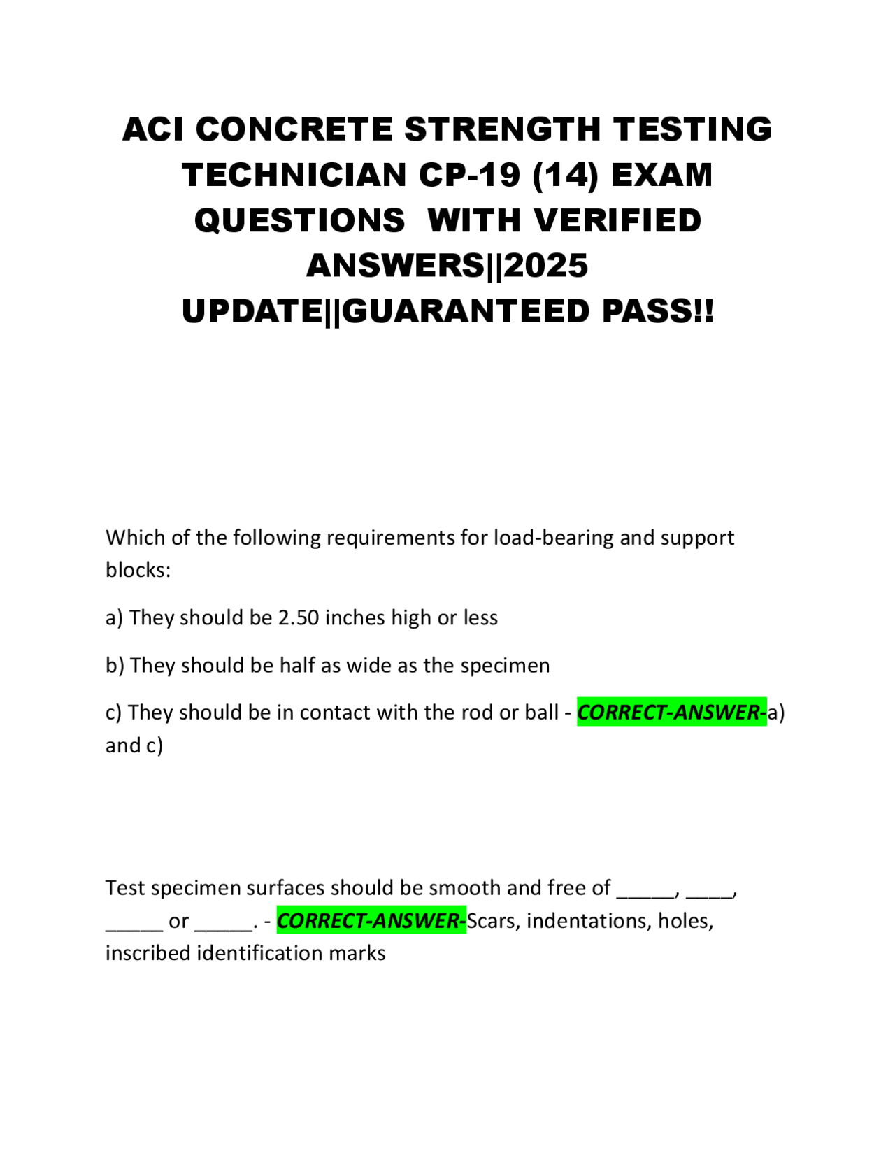 ACI CONCRETE STRENGTH TESTING TECHNICIAN CP-19 (14) EXAM QUESTIONS WITH ...