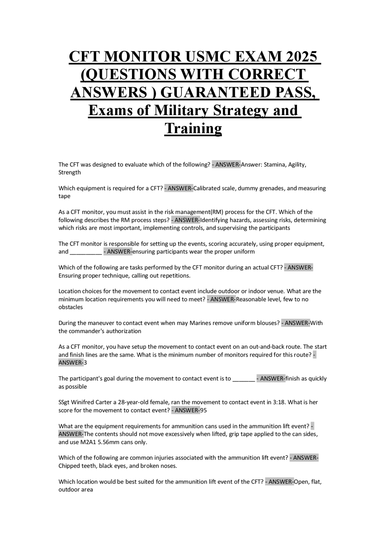 CFT Monitor USMC Exam 2025: Questions and Answers | Exams Military ...