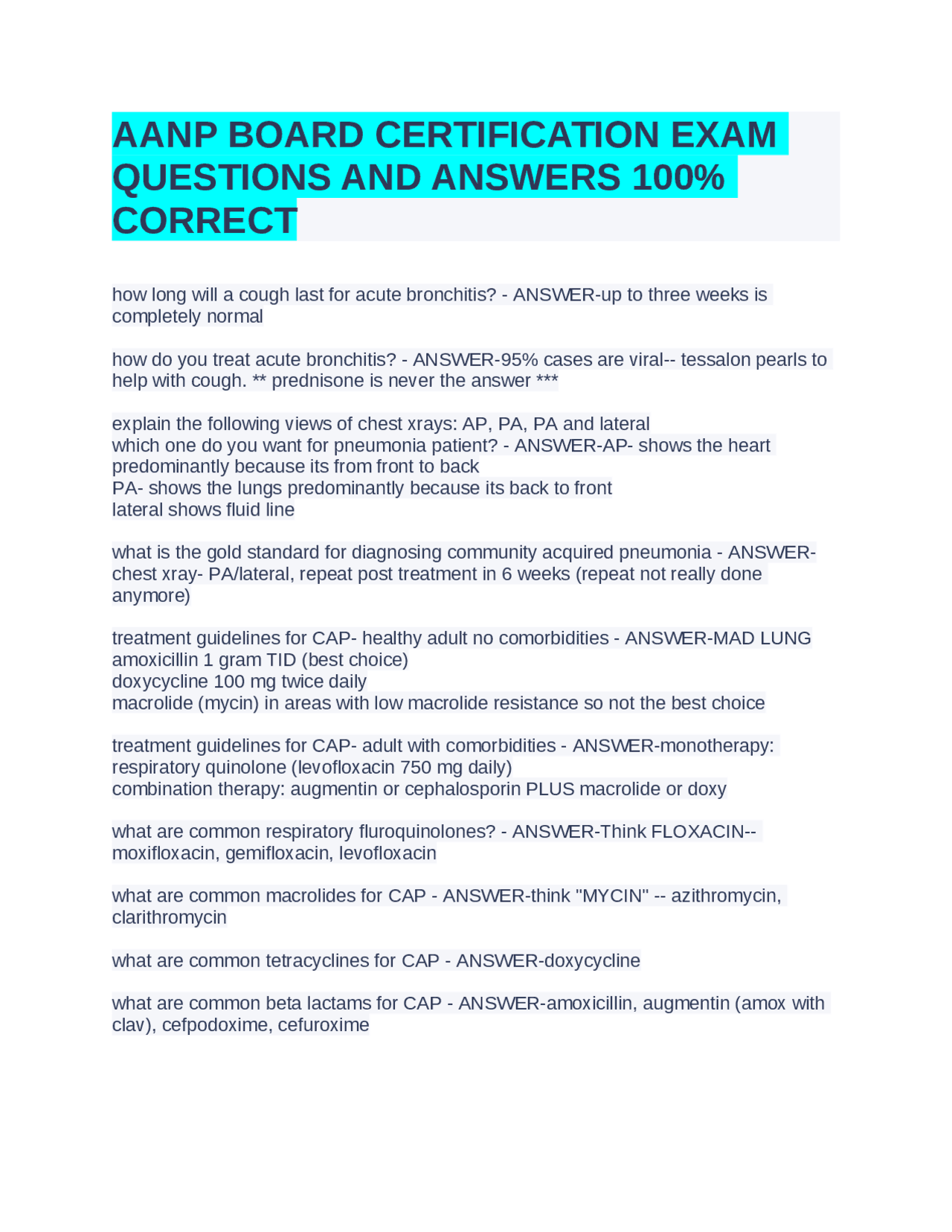 AANP BOARD CERTIFICATION EXAM QUESTIONS AND ANSWERS 100% CORRECT ...