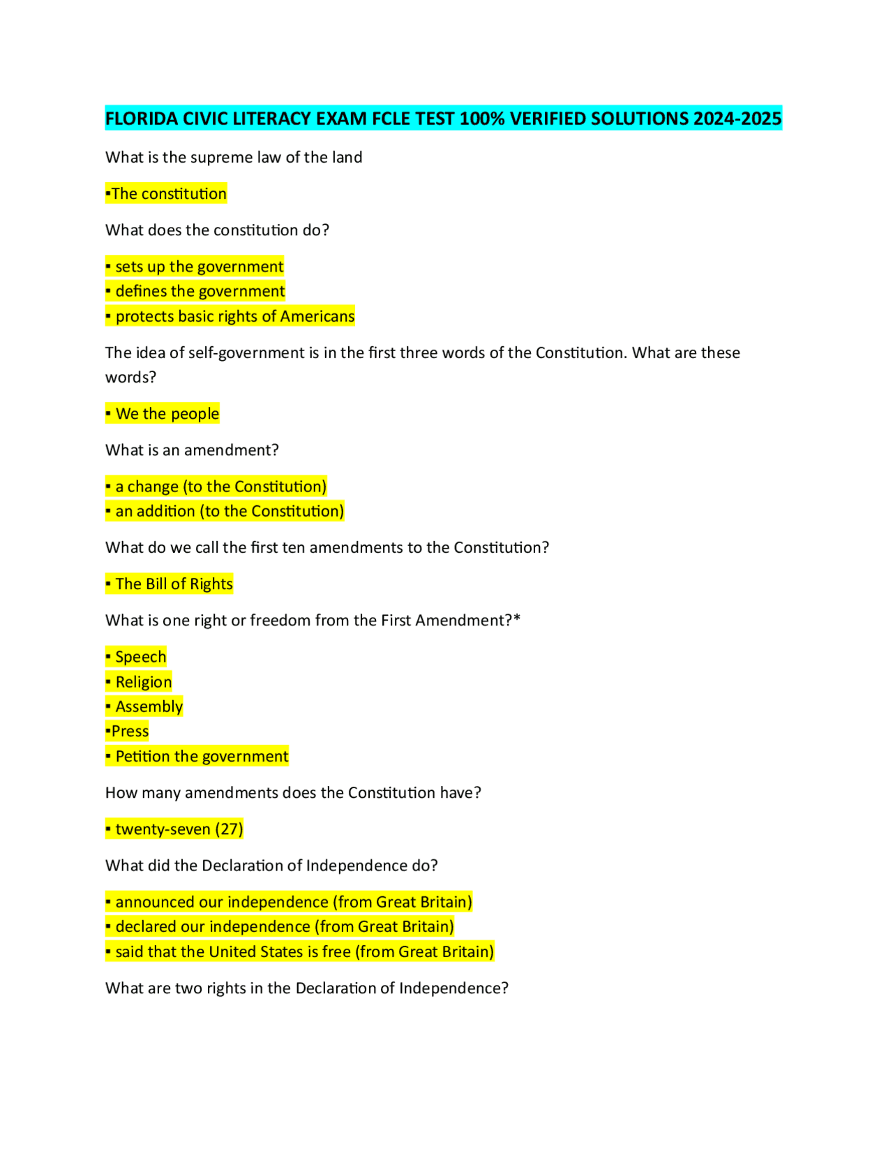 FLORIDA CIVIC LITERACY EXAM FCLE TEST 100% VERIFIED SOLUTIONS 2024-2025 ...