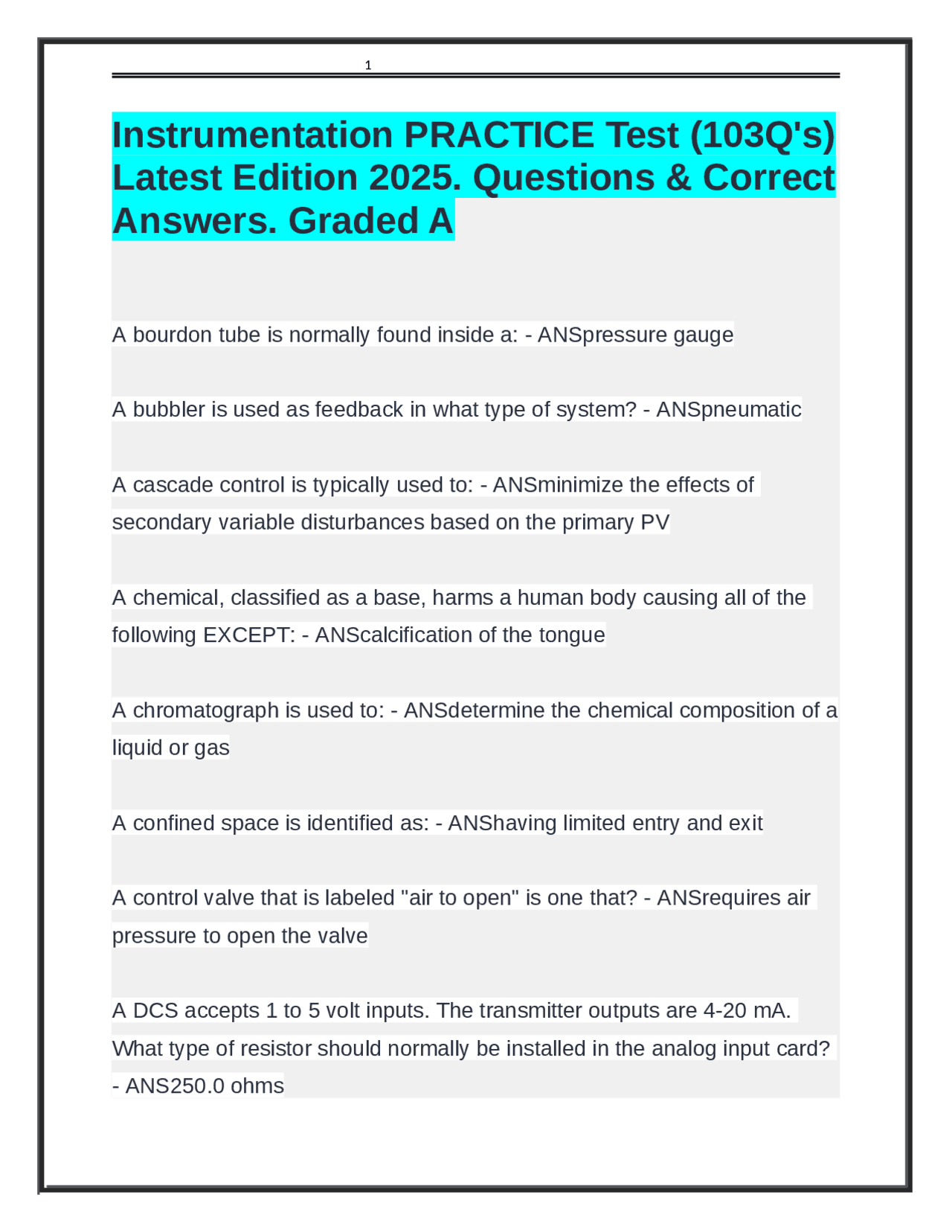 Instrumentation PRACTICE Test (103Q's) Latest Edition 2025. Questions ...