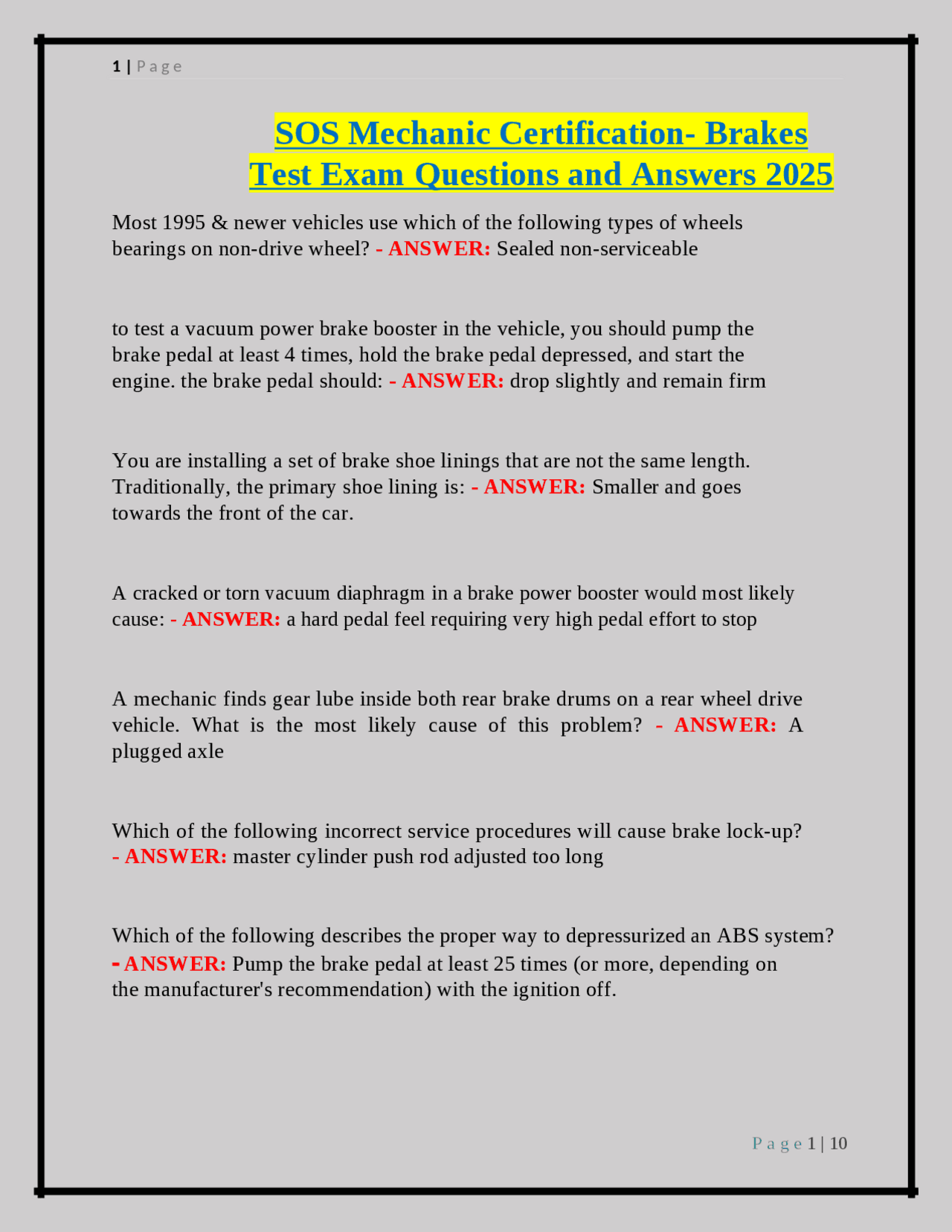 SOS Mechanic Certification - Brakes: Test Exam Questions and Answers ...